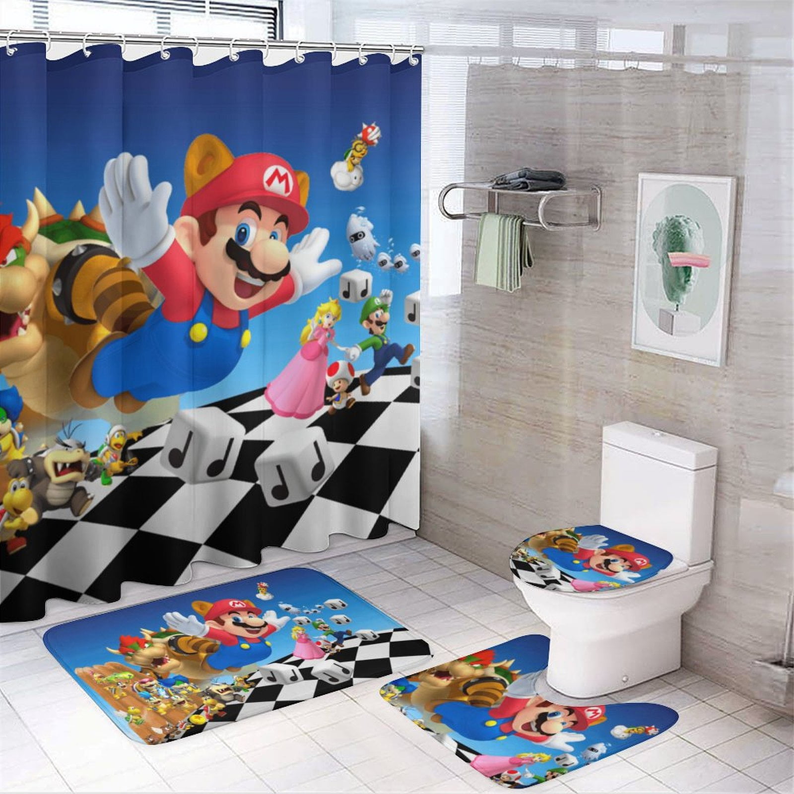 Super Mario Shower Curtain Set with Toilet Lid Cover And Non-Slip Rugs ...