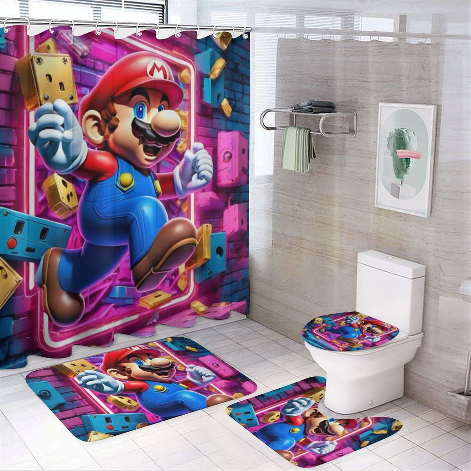 Super Mario Shower Curtain Set with Toilet Lid Cover And Non-Slip Rugs ...