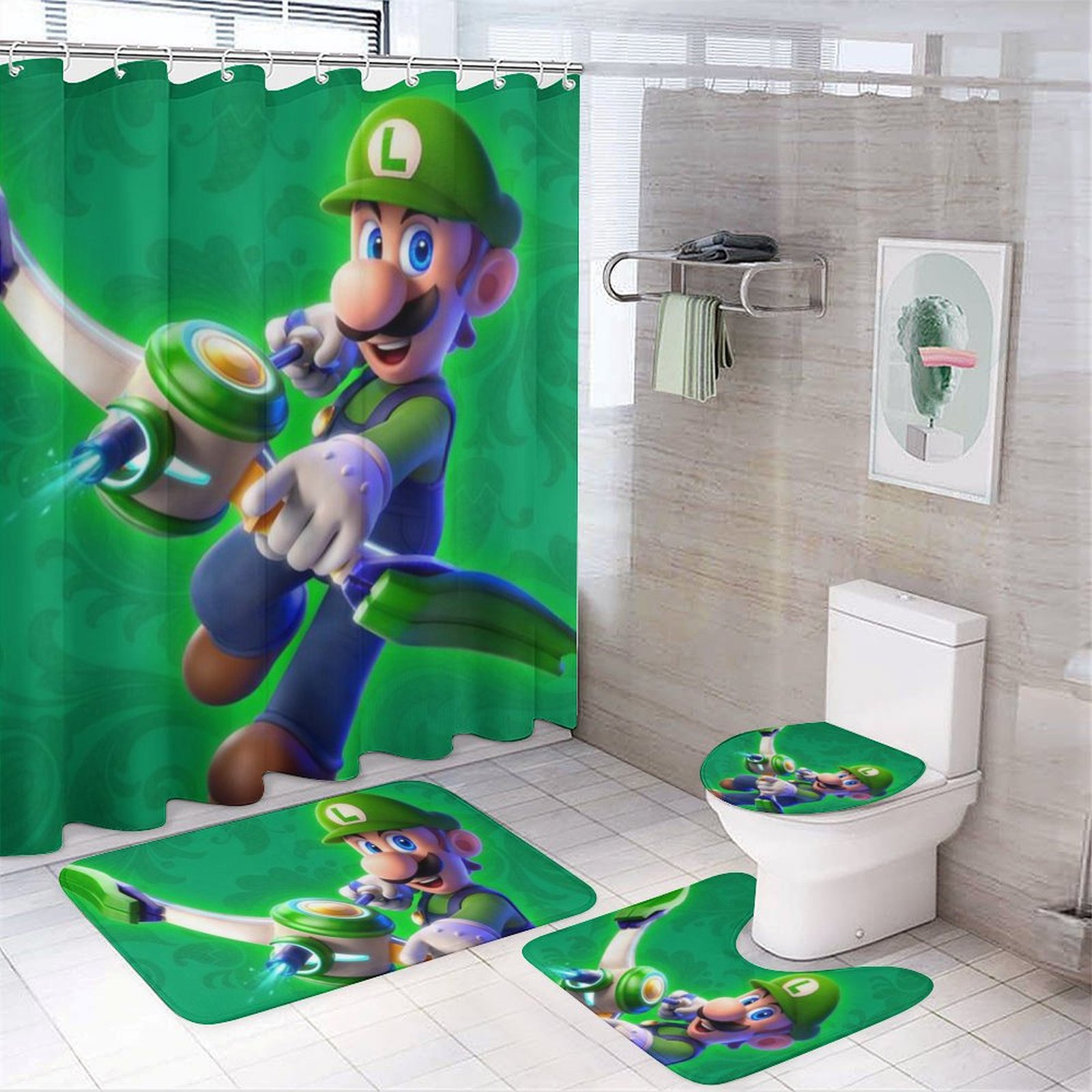 Super Mario Shower Curtain Set with Toilet Lid Cover And Non-Slip Rugs ...
