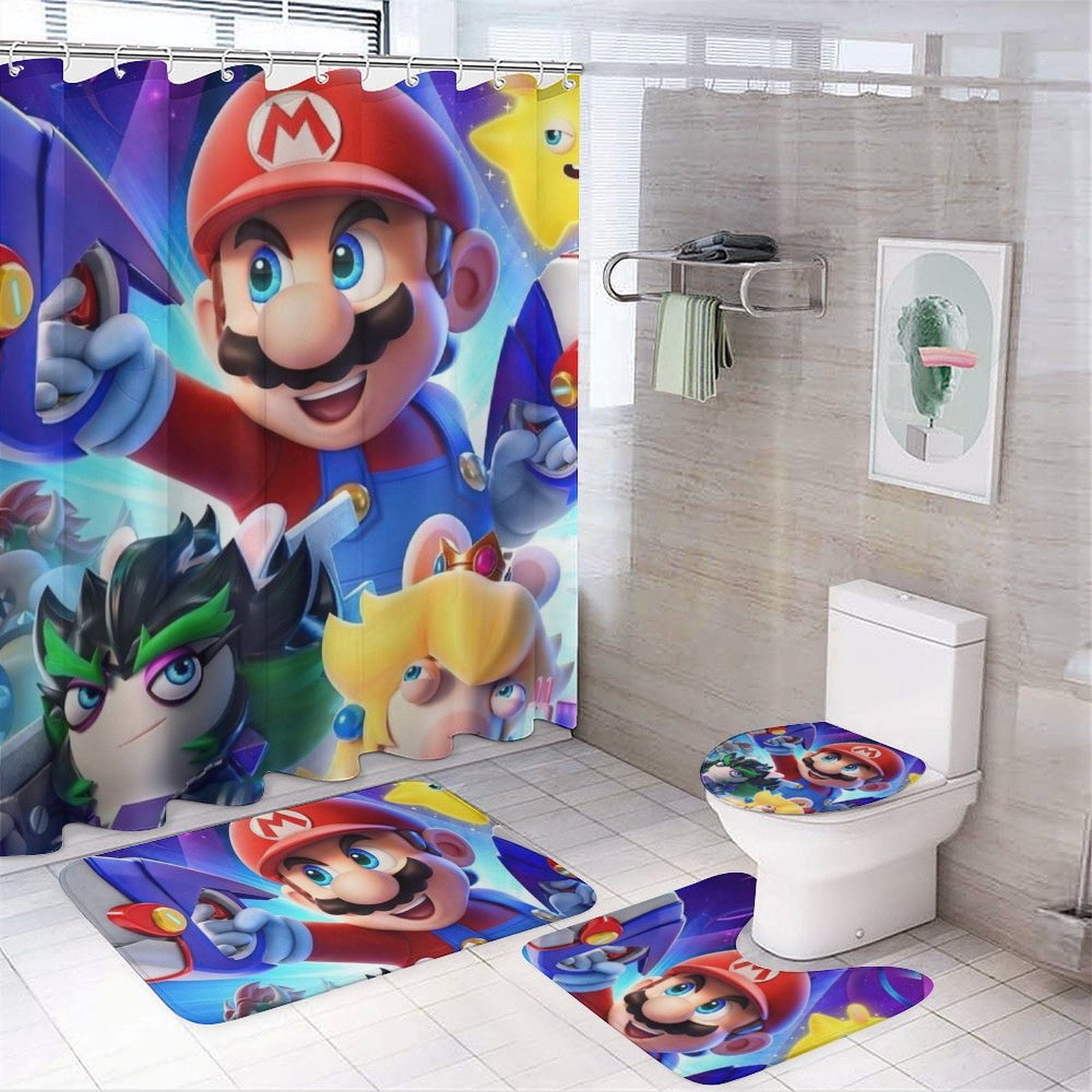 Super Mario Shower Curtain Set with Toilet Lid Cover And Non-Slip Rugs ...