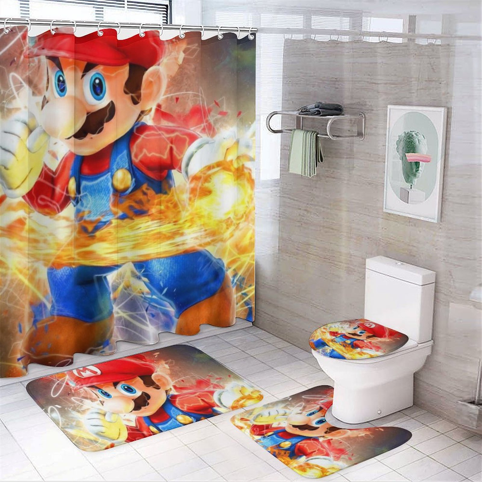 Super Mario Shower Curtain Set with Toilet Lid Cover And Non-Slip Rugs ...