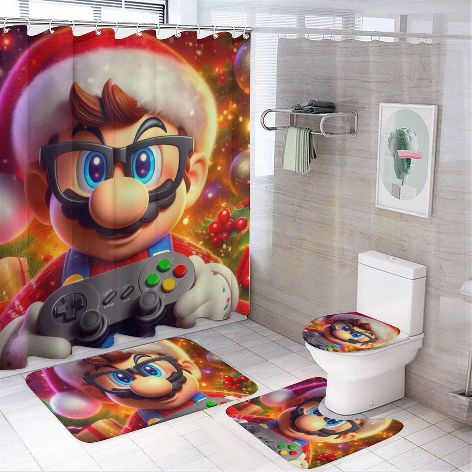Super Mario Shower Curtain Set with Toilet Lid Cover And Non-Slip Rugs ...