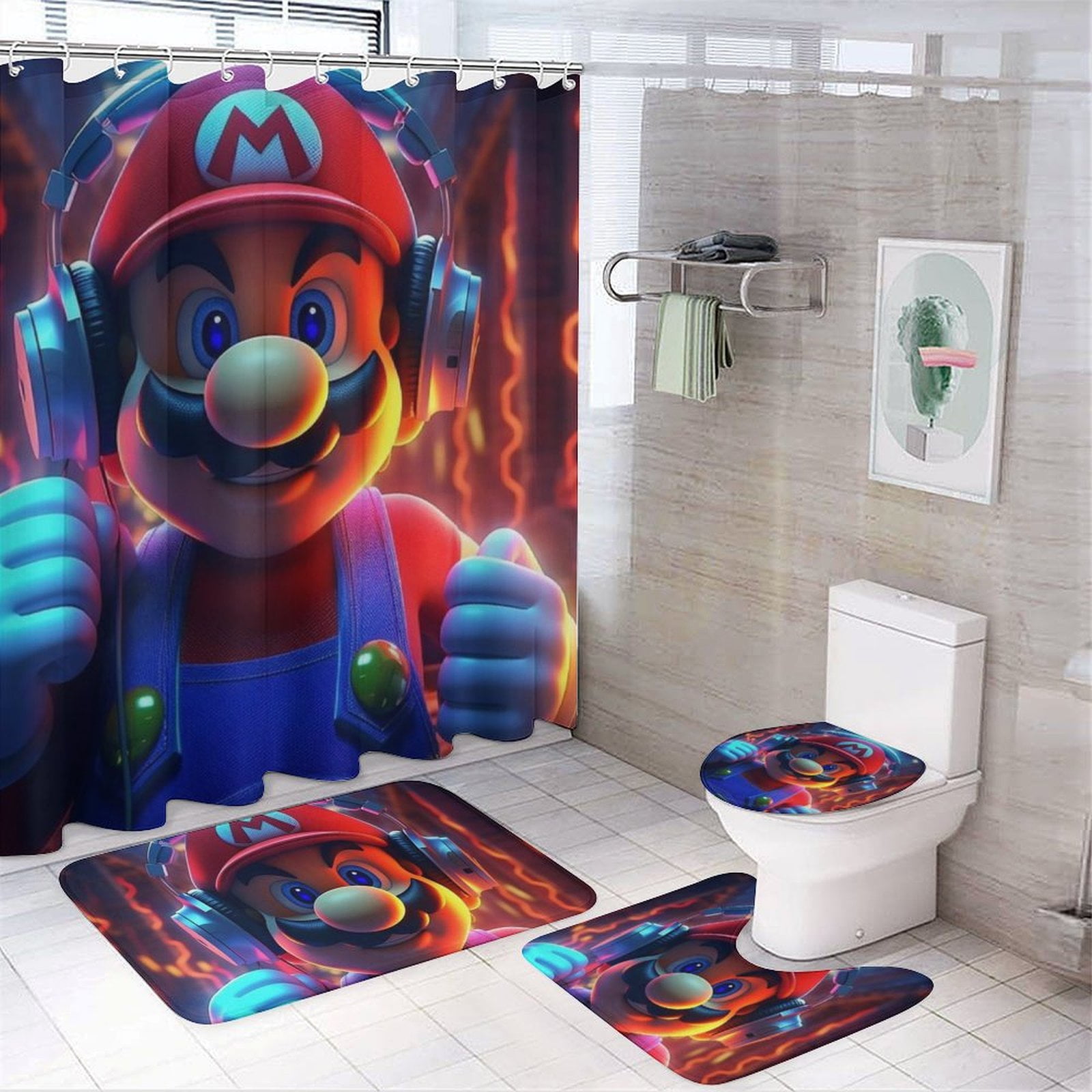 Super Mario Shower Curtain Set with Toilet Lid Cover And Non-Slip Rugs ...