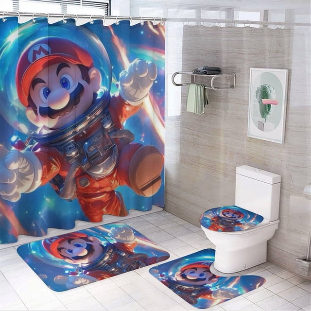 Super Mario Shower Curtain Set with Toilet Lid Cover And Non-Slip Rugs ...