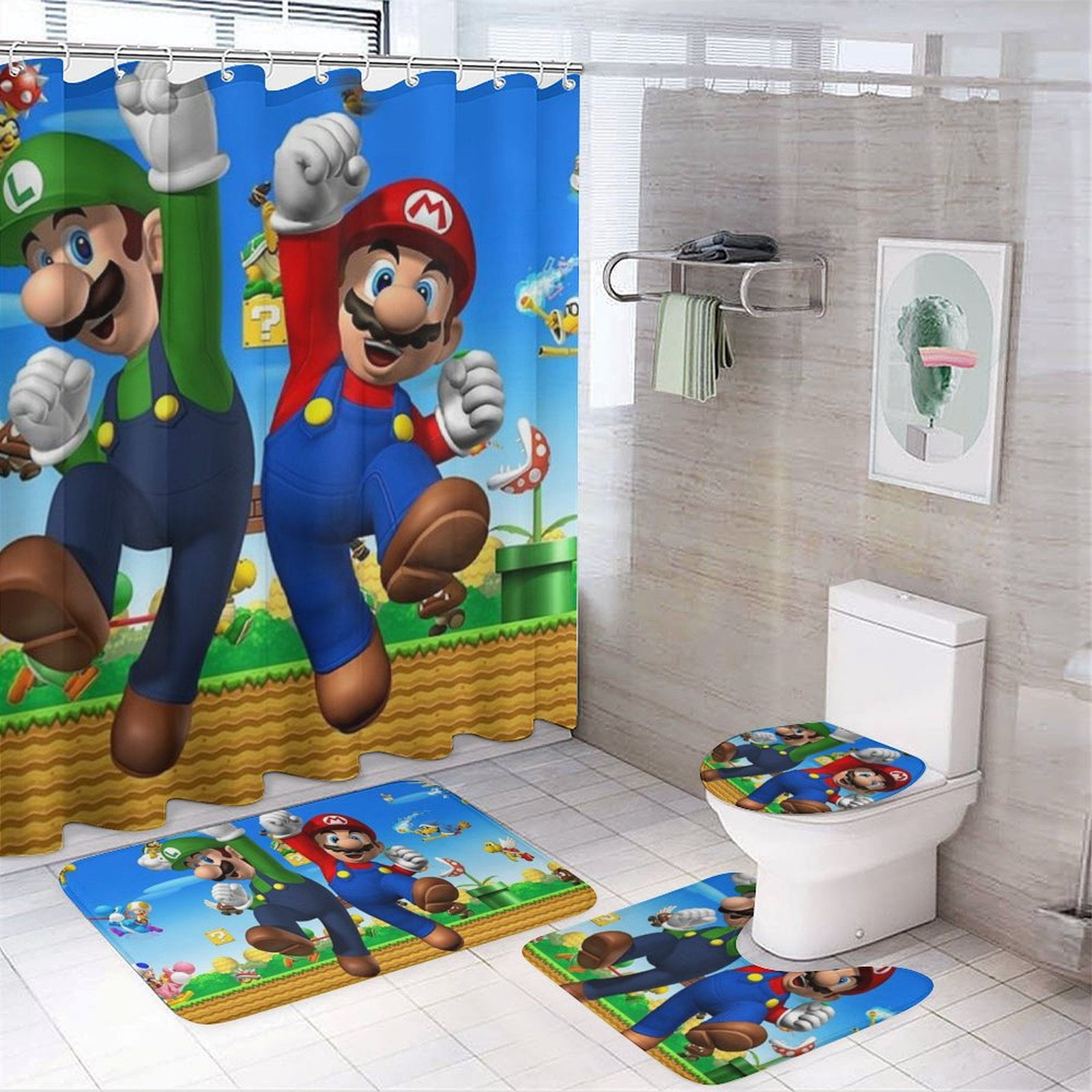 Super Mario Shower Curtain Set with Toilet Lid Cover And Non-Slip Rugs ...