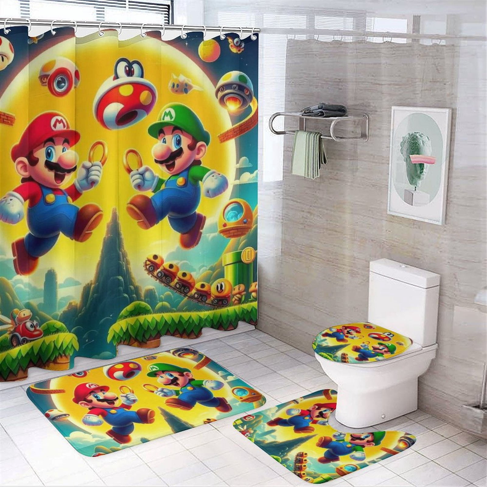 Super Mario Shower Curtain Set with Toilet Lid Cover And Non-Slip Rugs ...