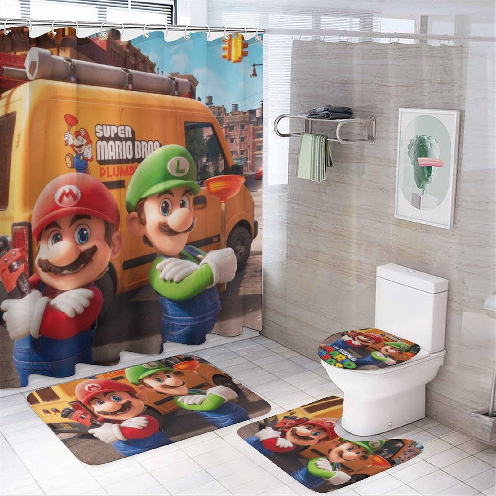 Super Mario Shower Curtain Set with Toilet Lid Cover And Non-Slip Rugs ...