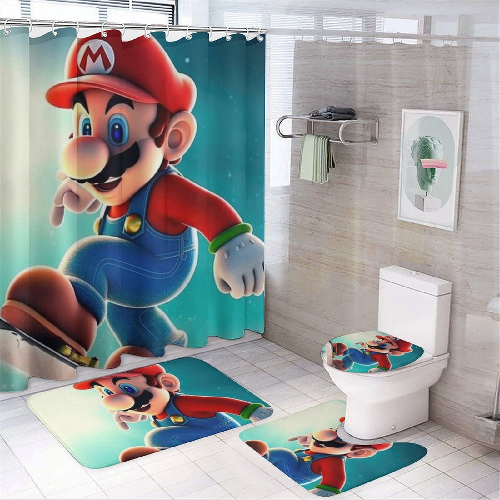 Super Mario Shower Curtain Set with Toilet Lid Cover And Non-Slip Rugs ...