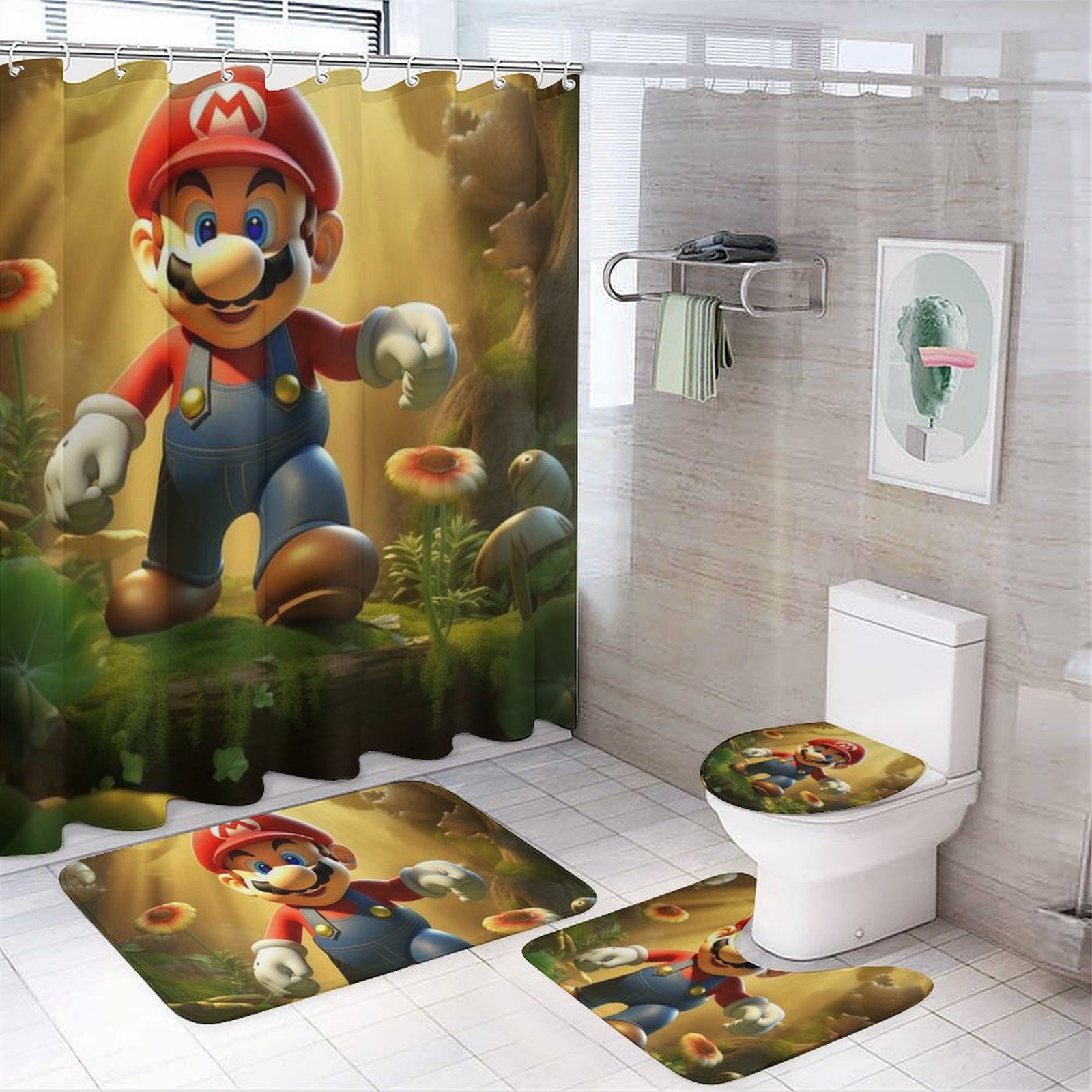 Super Mario Shower Curtain Set with Toilet Lid Cover And Non-Slip Rugs ...