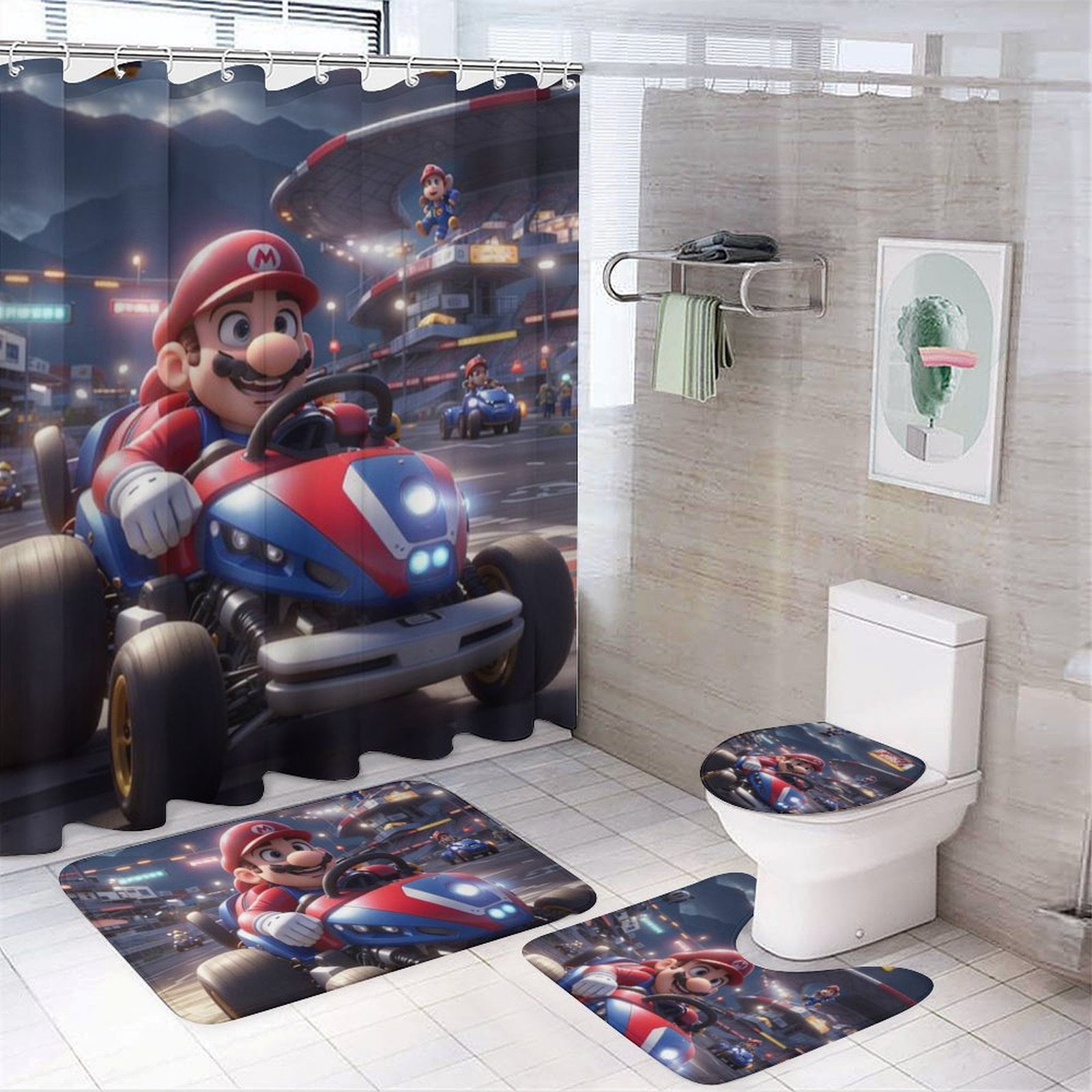 Super Mario Shower Curtain Set with Toilet Lid Cover And Non-Slip Rugs ...