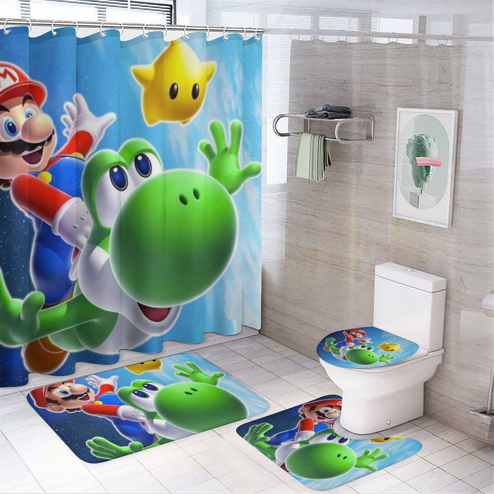 Super Mario Shower Curtain Sets 4 Piece Bathroom Set Shower Curtain Non ...