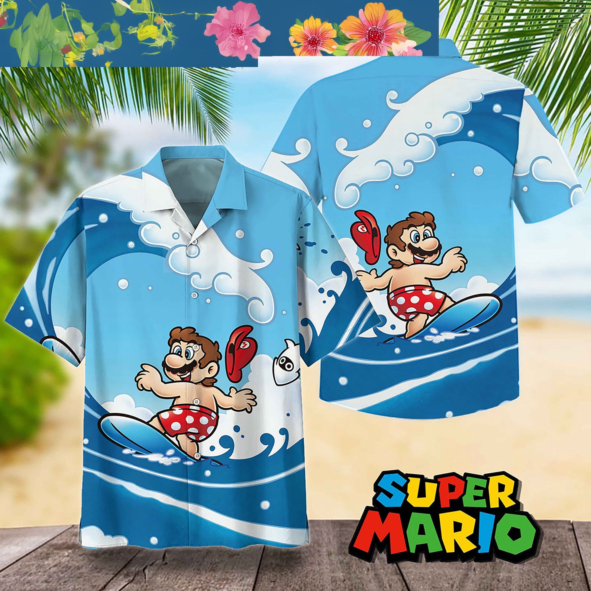 Super Mario Surfing Ocean Wave Hawaiian Shirt - Walmart.com