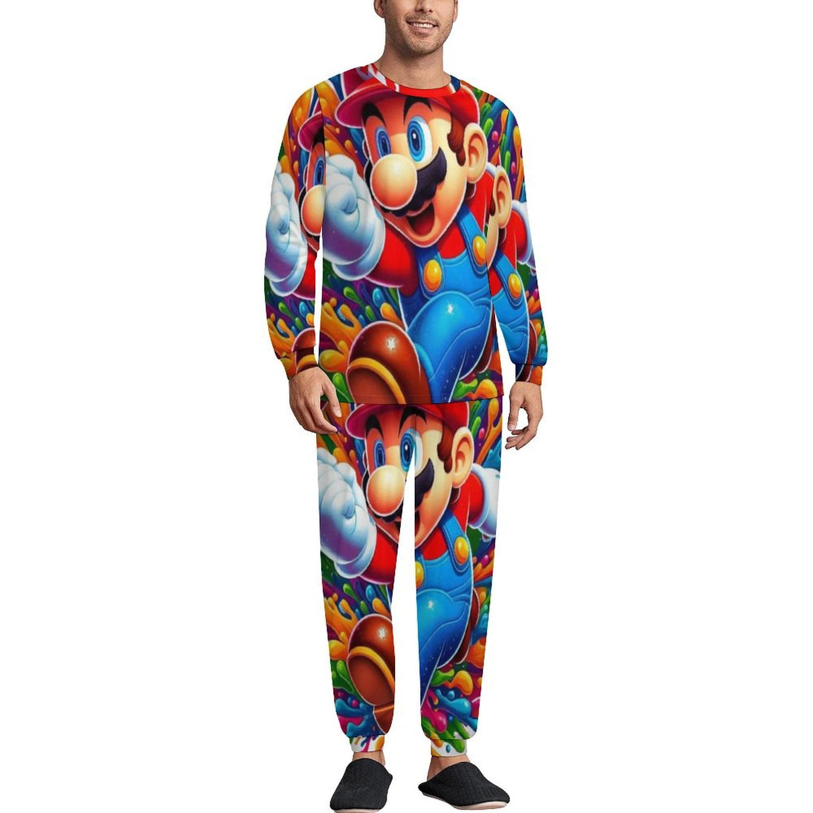 Super Mario Unisex Adults Round Neck Pajama Set Two Piece Set Pajama Suit Nightgown Soft And ...