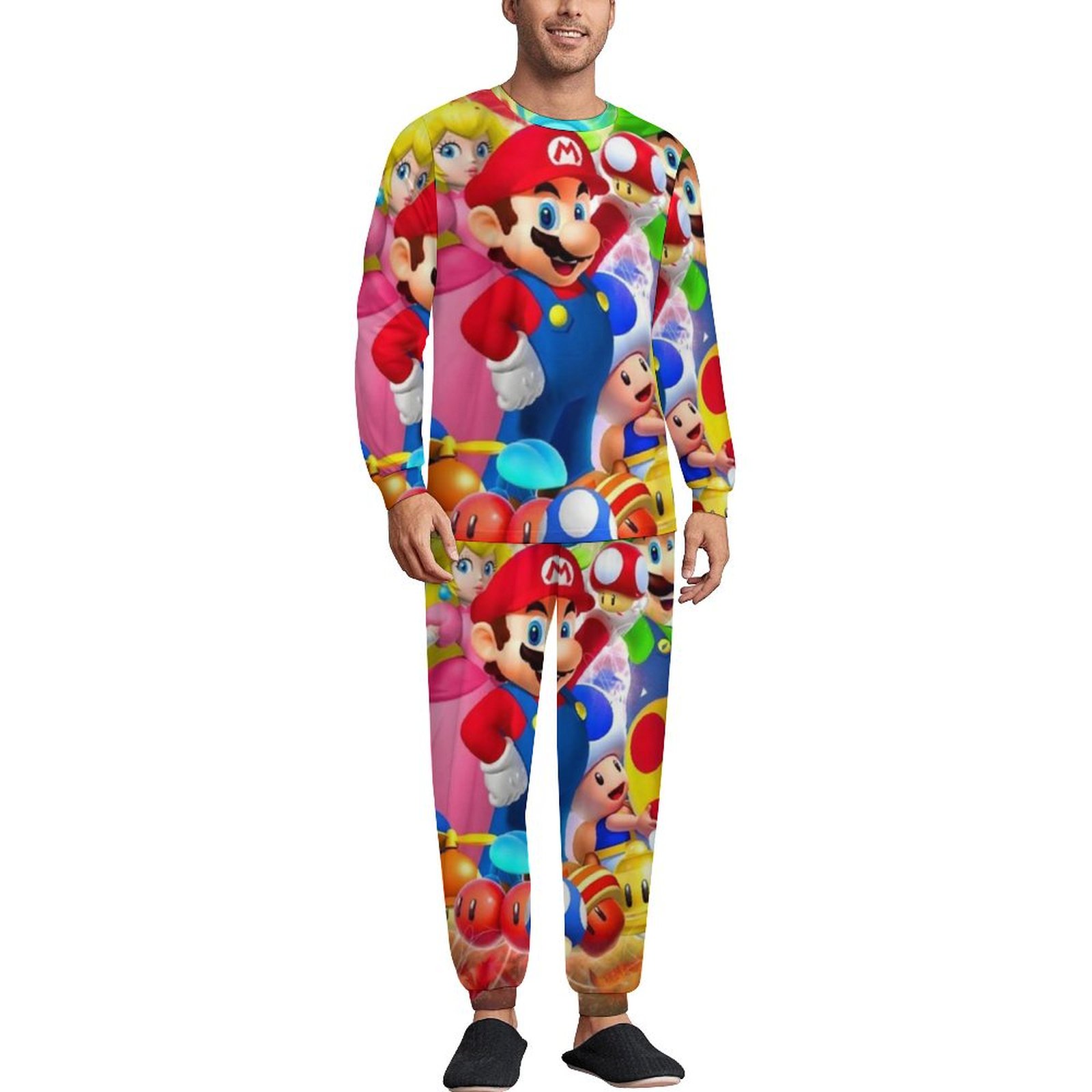 Super Mario Unisex Adults Round Neck Pajama Set Two Piece Set Pajama Suit Nightgown Soft And ...