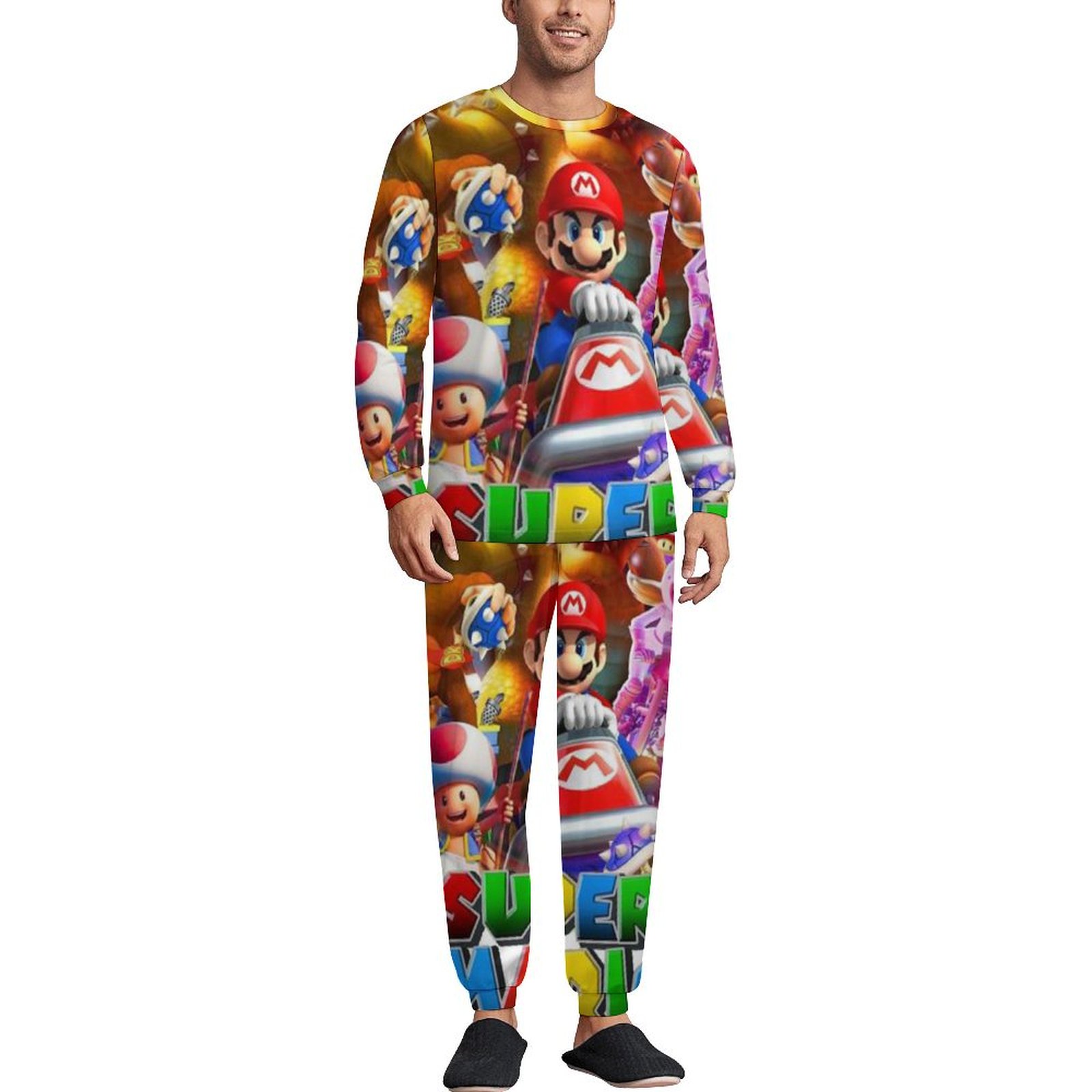 Super Mario Unisex Adults Round Neck Pajama Set Two Piece Set Pajama Suit Nightgown Soft And ...