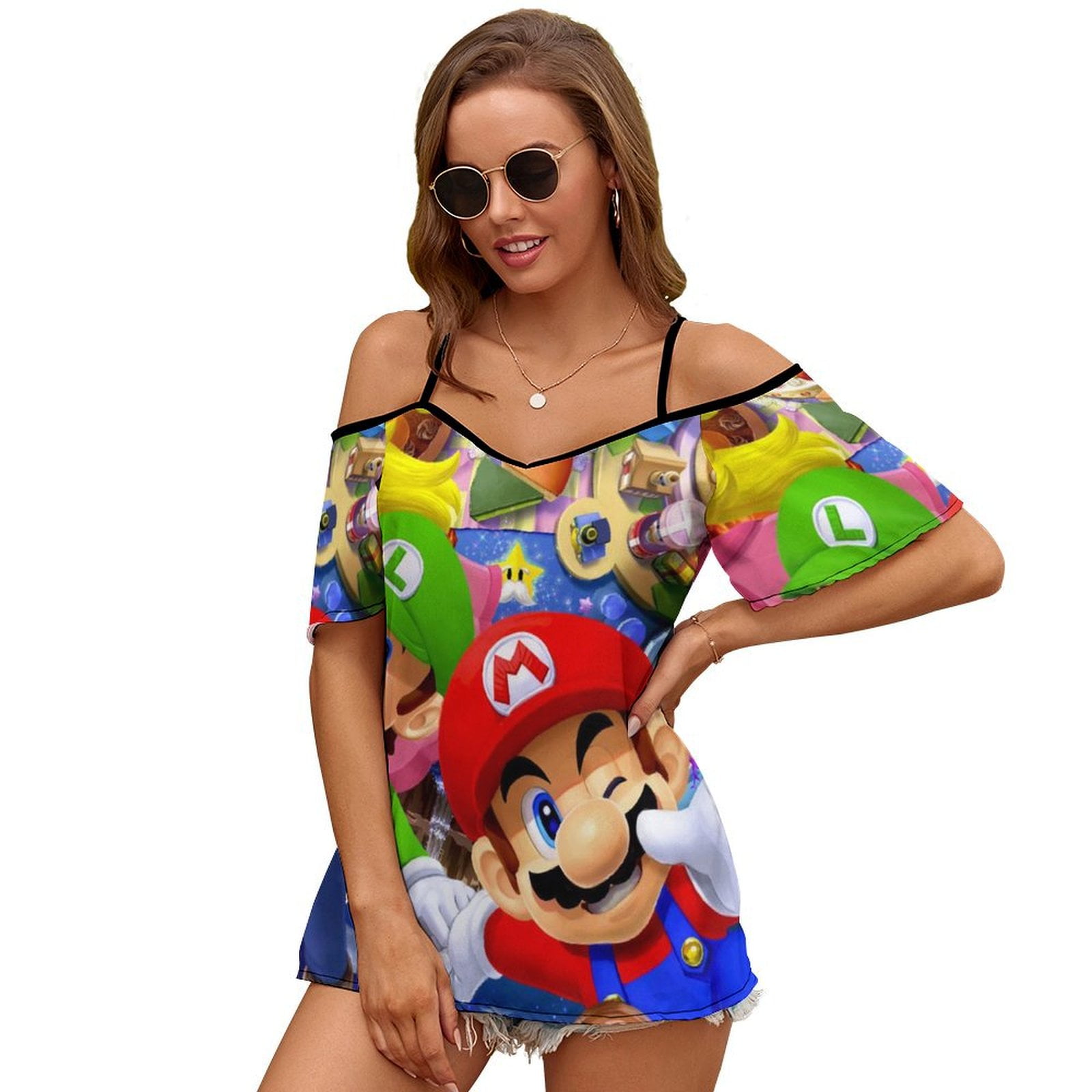 Super Mario Women's Cold Shoulder Tops T Shirts Chiffon Summer Off ...