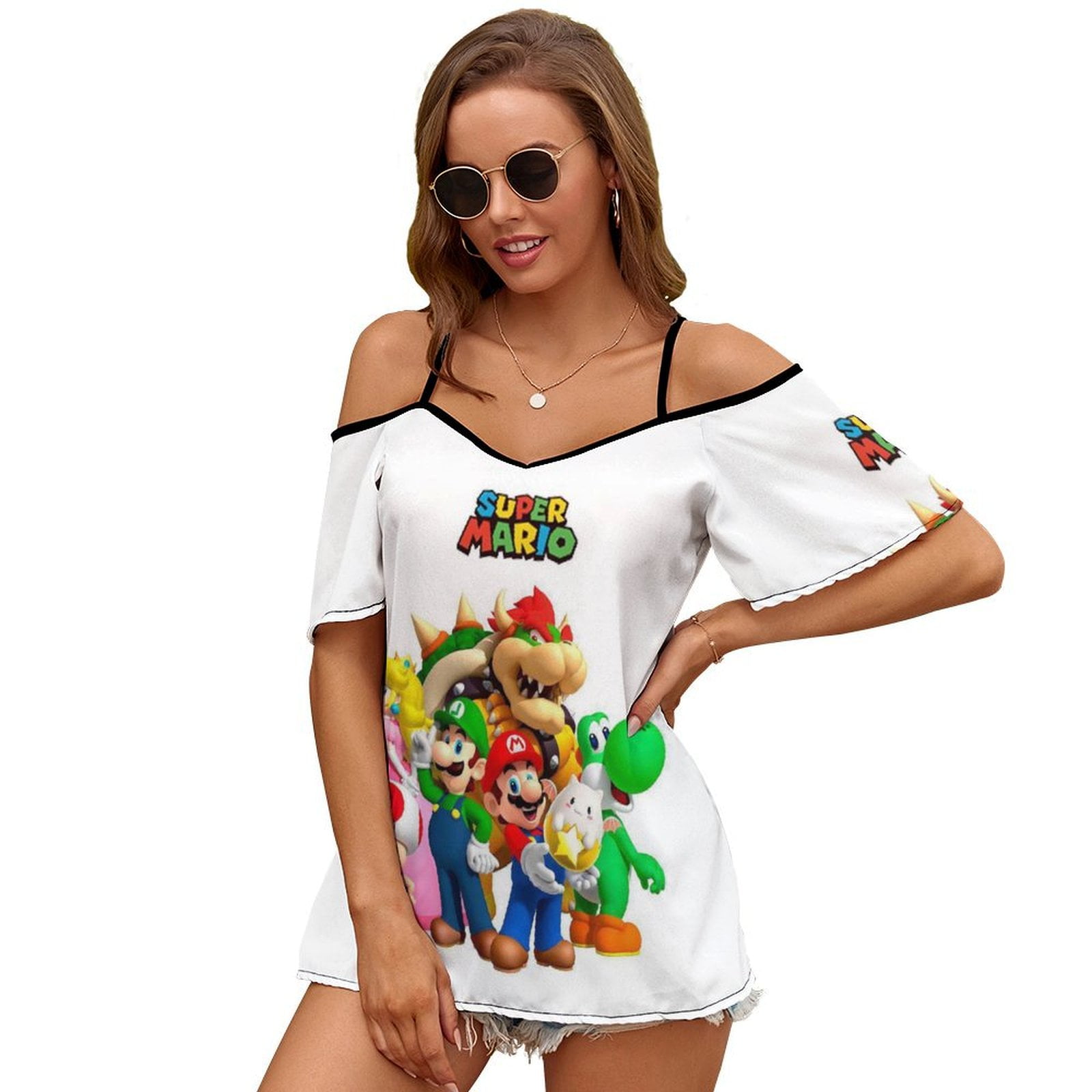 Super Mario Women's Cold Shoulder Tops T Shirts Chiffon Summer Off ...