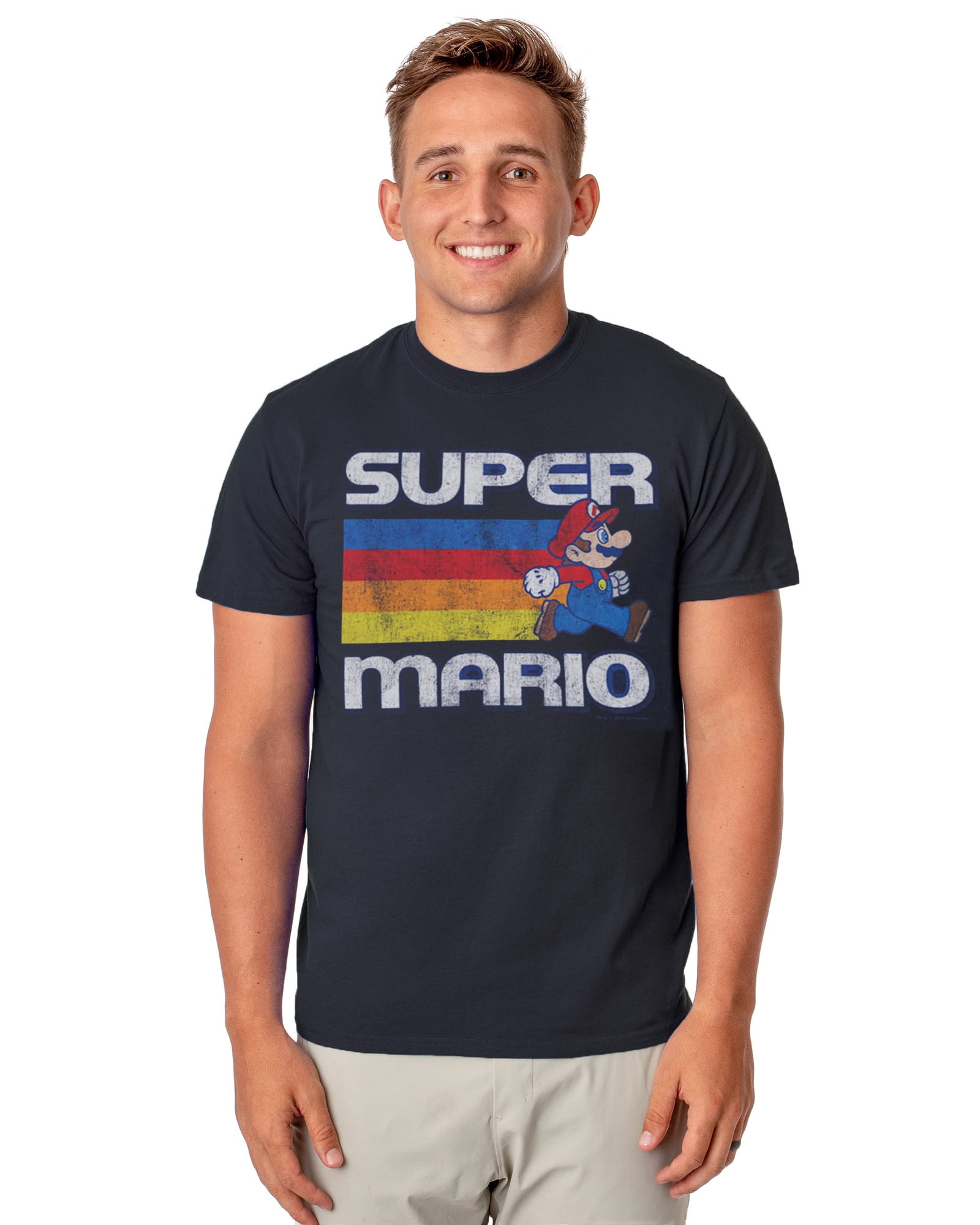 Super Mario World T-Shirt Men's Distressed Rainbow Stripe Graphic Tee ...