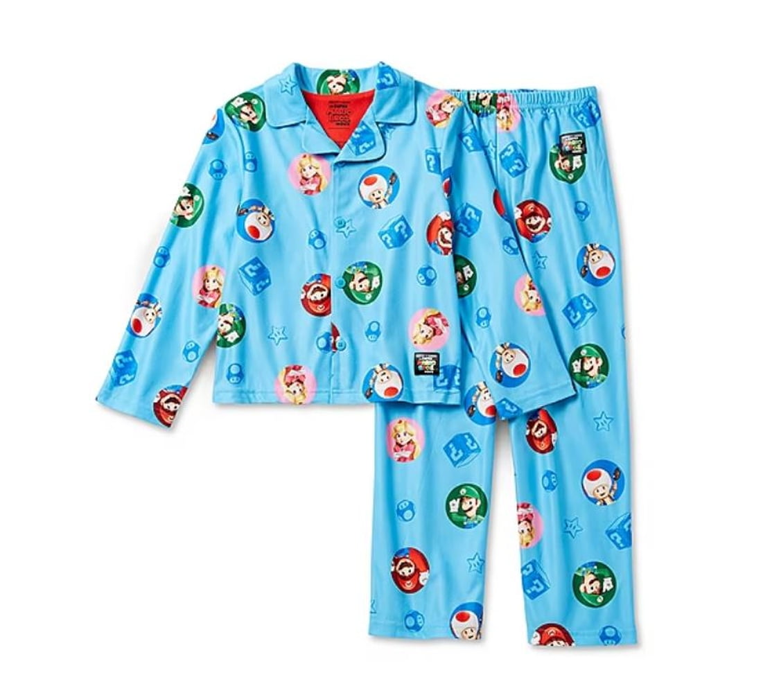 Super Mario and Characters Boy's Blue Button Down Flannel Pajama Set ...