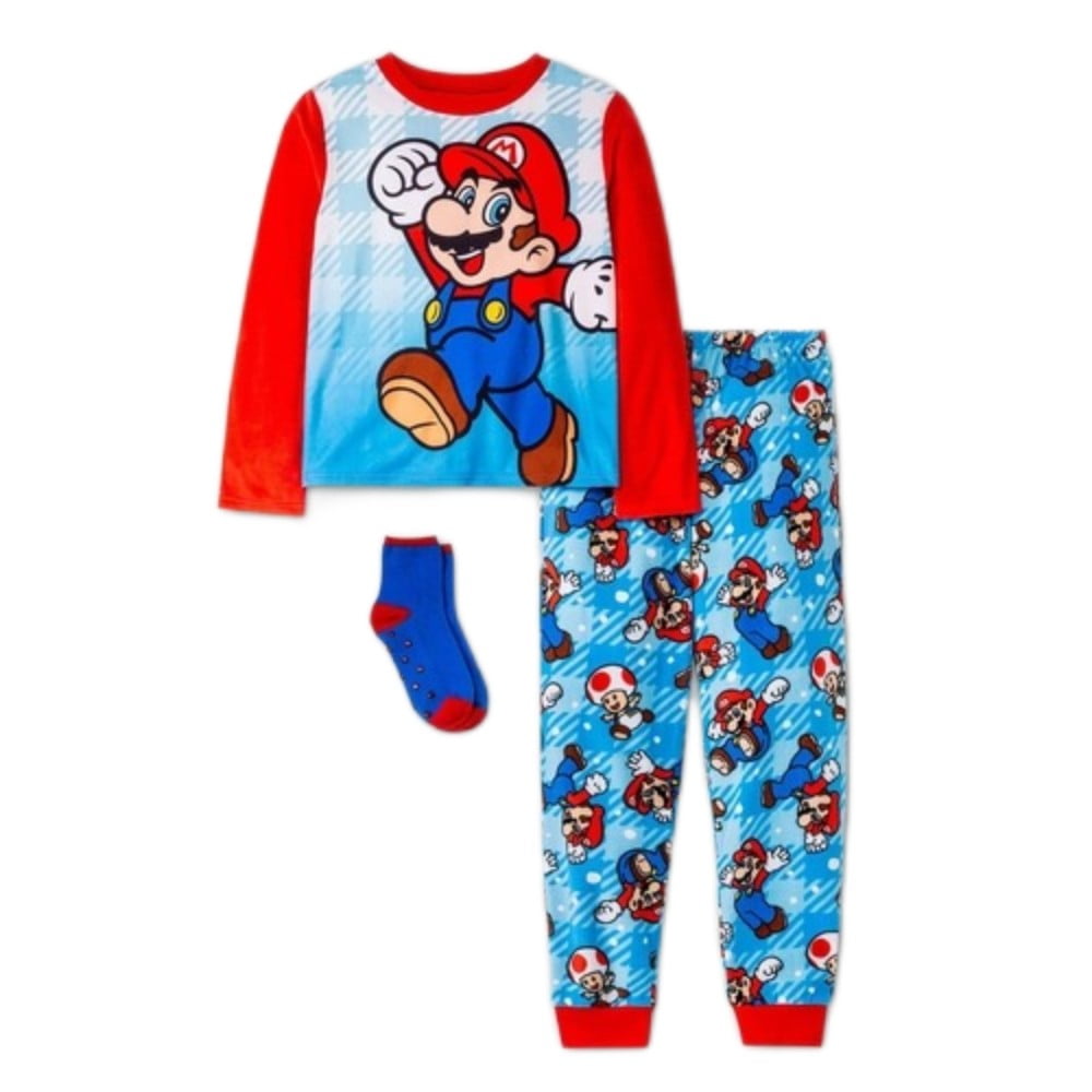 Super Mario and Toad Boy's 3-Piece Fleece Pajama and Sock Set (Large 10 ...