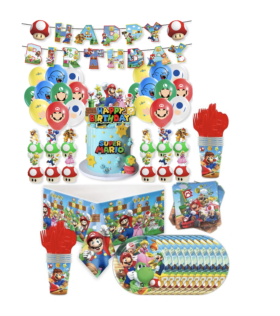 Super Mario banner and tablecloth party kit decoration theme, happy ...