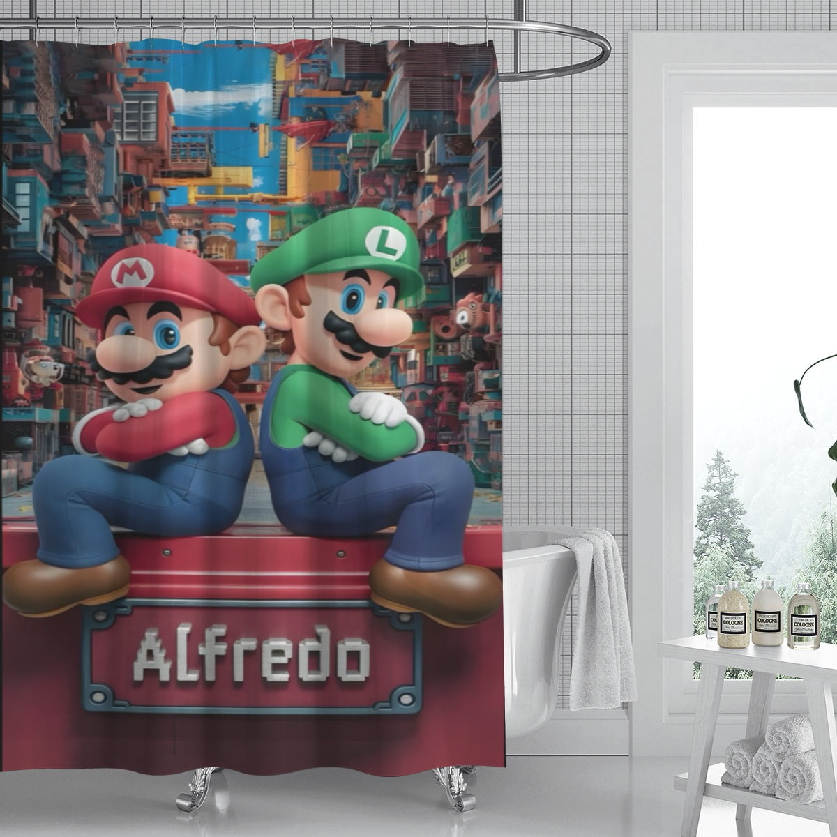 Super Mario shower curtain presents a beloved design, is waterproof for ...