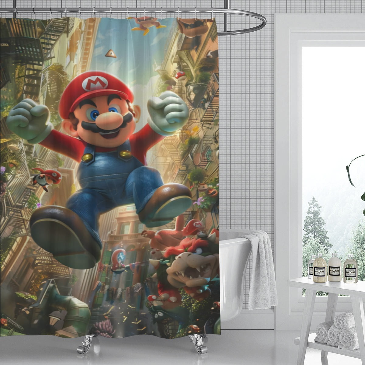 Super Mario shower curtain has a striking design, is waterproof, and installs with ease ...