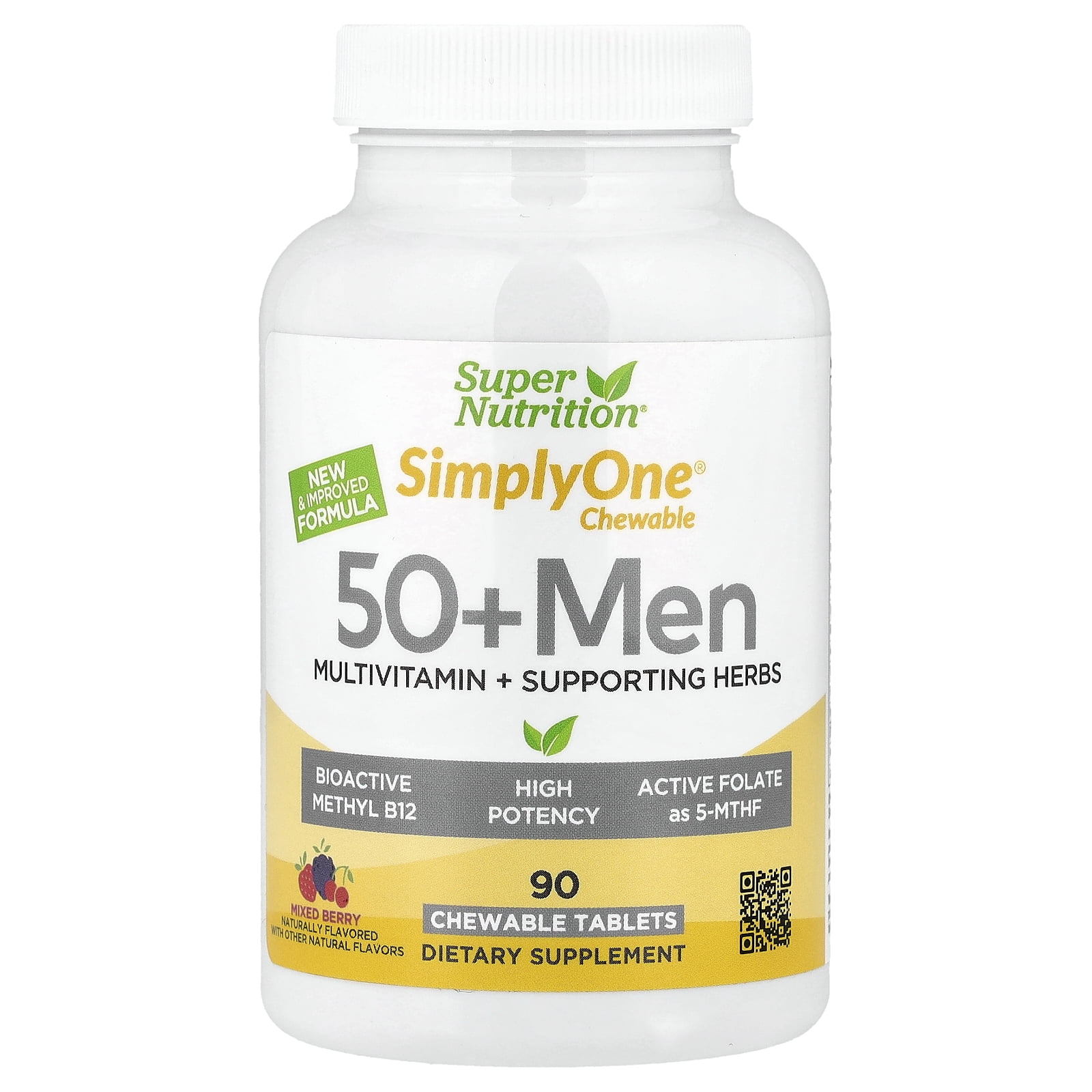 Super Nutrition SimplyOne® Chewable 50+ Men Multivitamin + Supporting Herbs, Mixed Berry, 90 ...