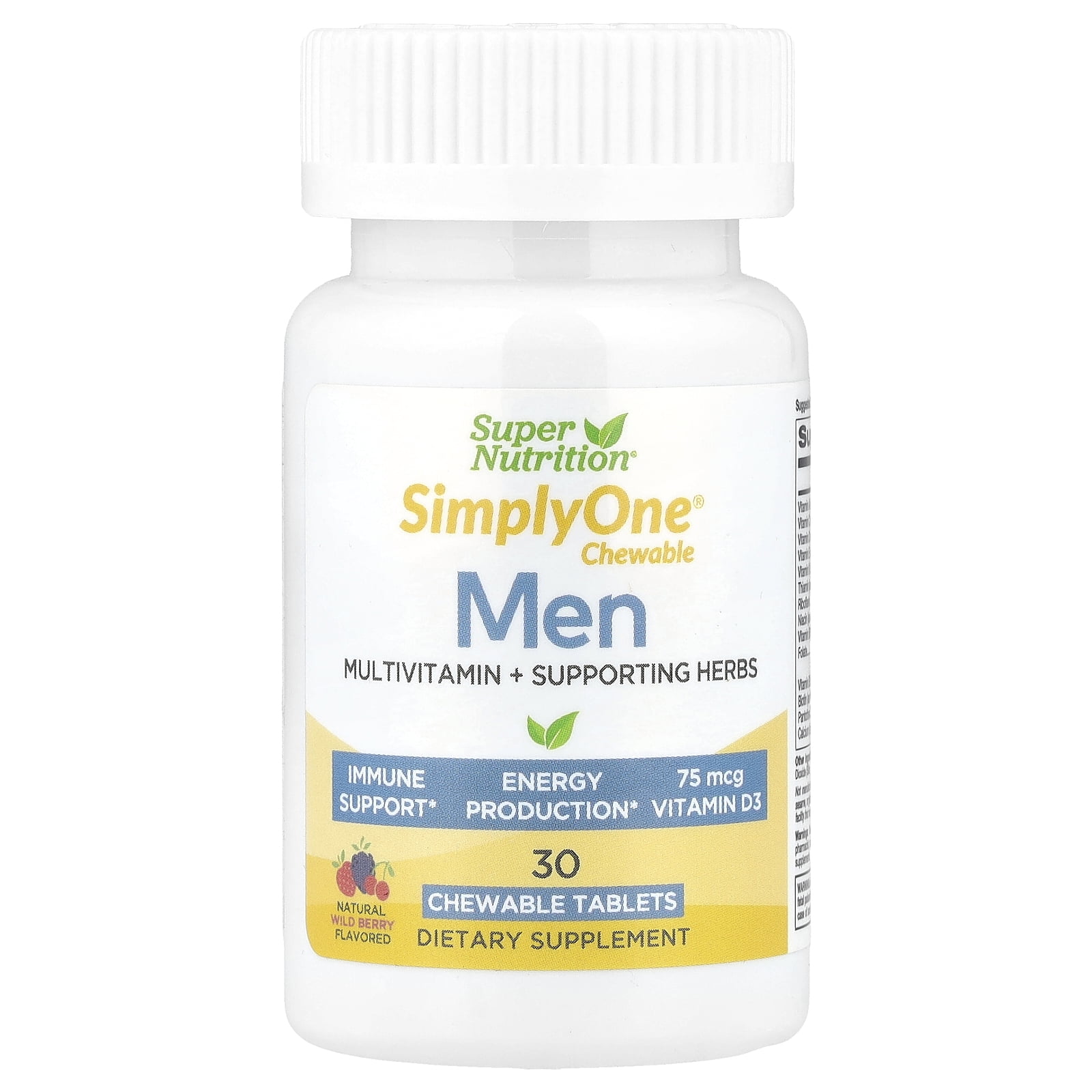 Super Nutrition SimplyOne, Men’s Multivitamin + Supporting Herbs, Wild-Berry, 30 Chewable ...