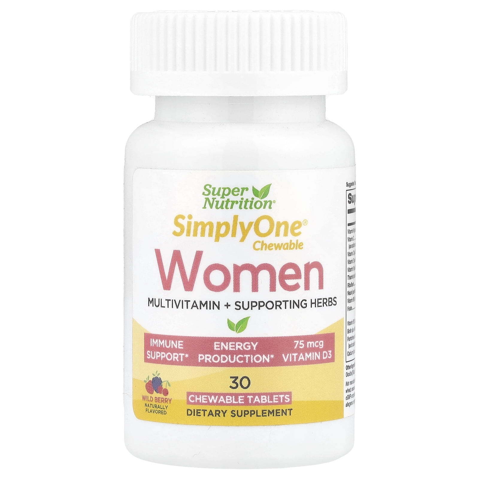 Super Nutrition SimplyOne®, Women, Multivitamin + Supporting Herbs, Wild-Berry, 30 Chewables ...