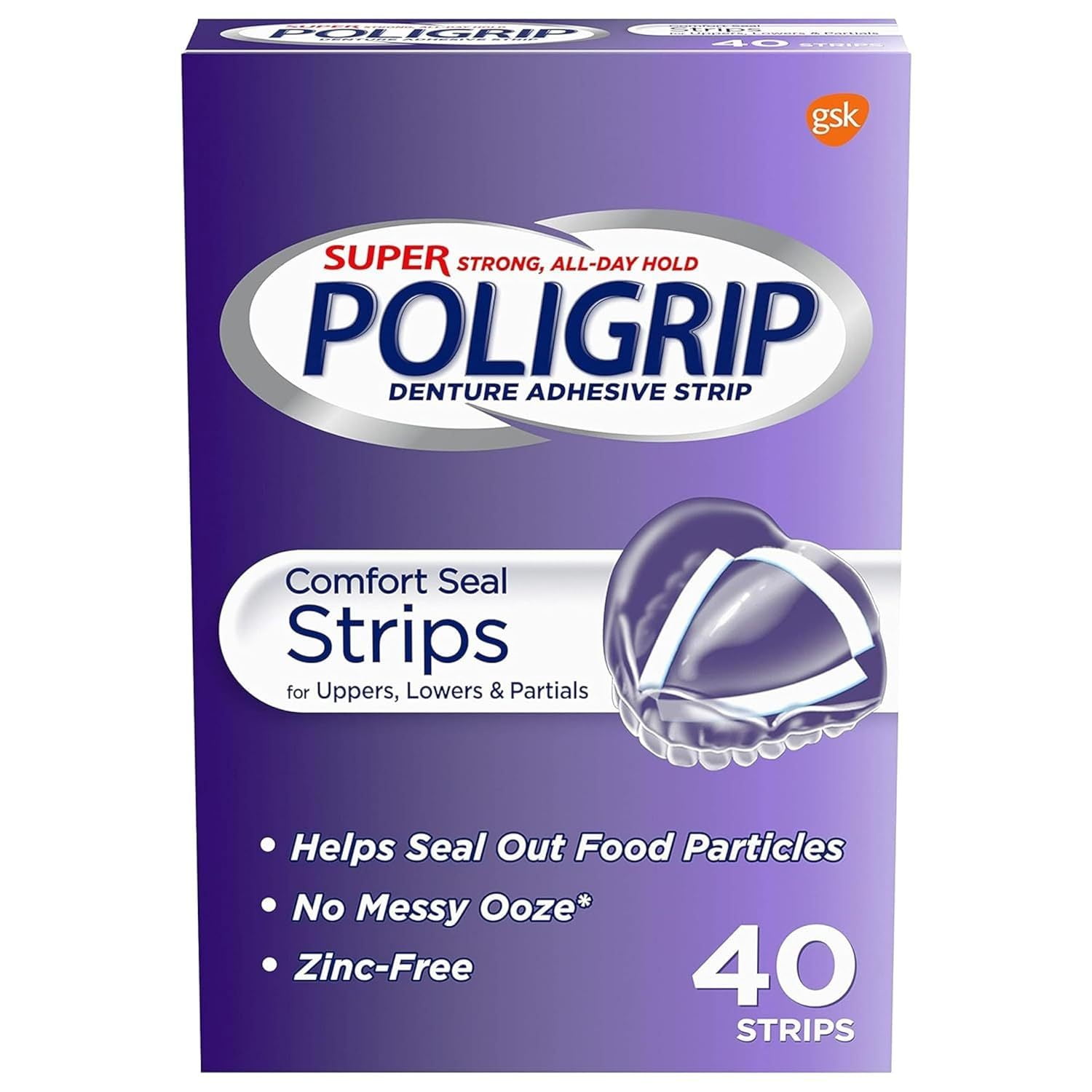 Super PoliGrip Denture Adhesive, Comfort Seal Strips 40 ea (Pack of 6 ...