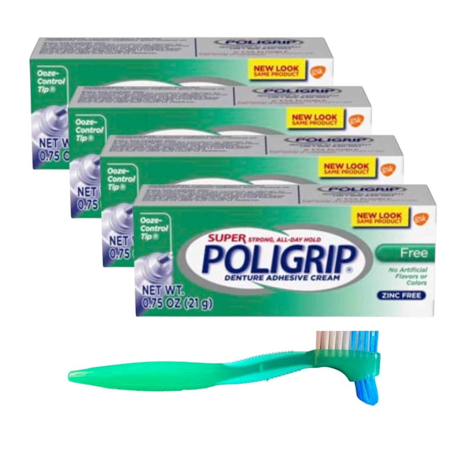 Super Poligrip Denture Adhesive Bundle: 4 (Four) 0.75oz Tubes and 1 Chevaux Brand Denture Brush ...