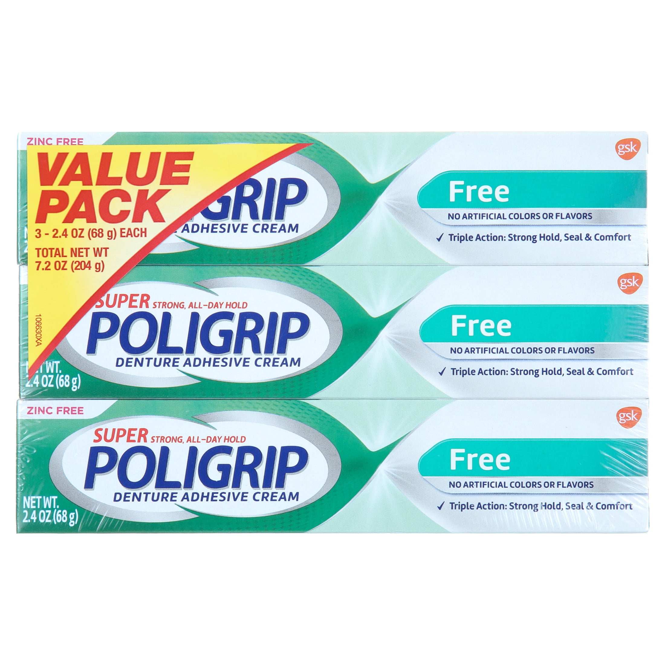 Super Poligrip Denture and Partials Adhesive Cream, 2.4 oz, 3 pack, for ...