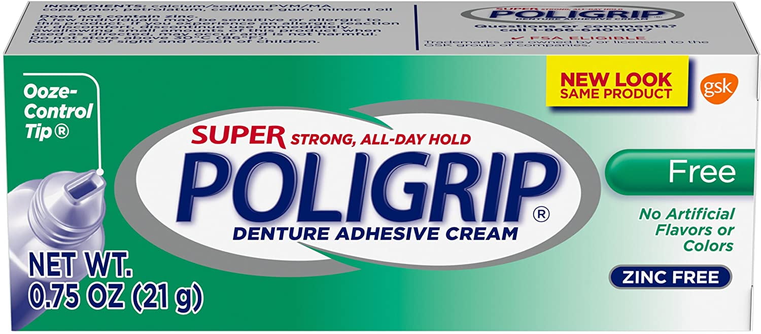 Super Poligrip Denture Adhesive Cream, Zinc Free, 0.75-Ounce Travel ...
