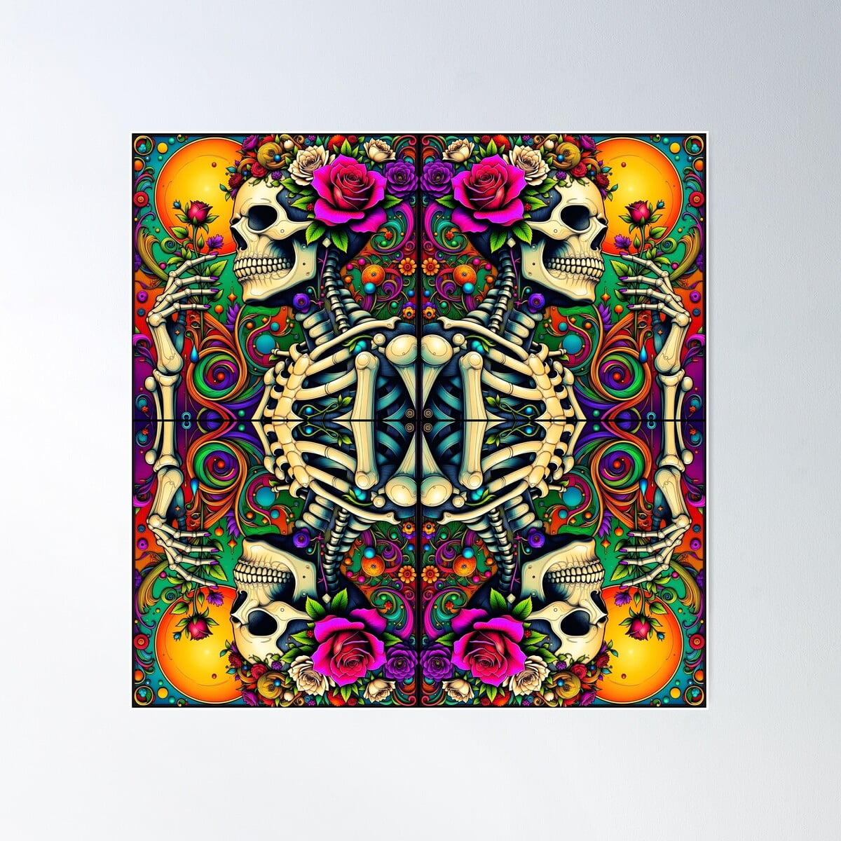 Super Psychedelic Rainbow Skeleton Head Pattern With Dead Grateful Rose ...