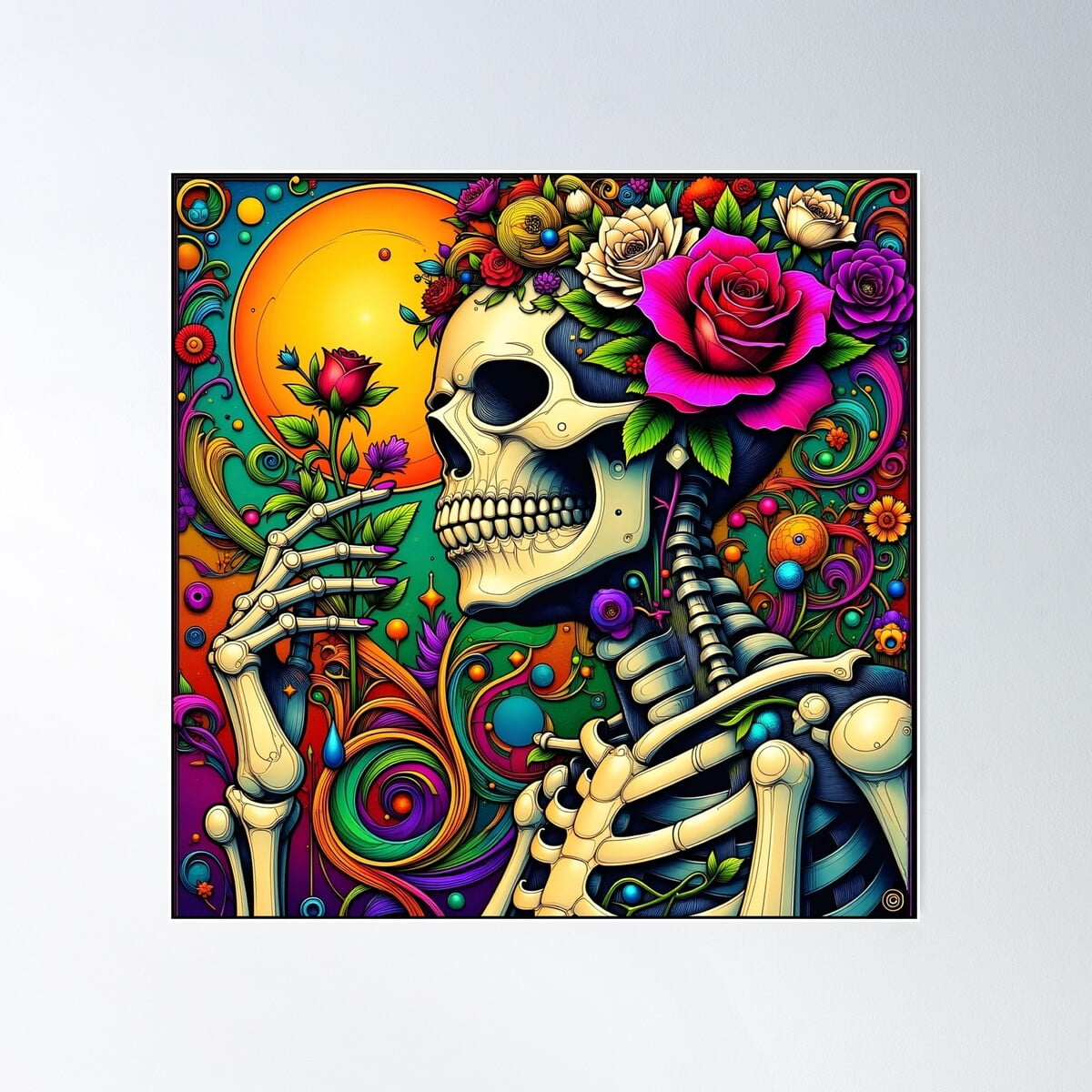 Super Psychedelic Rainbow Skeleton Head With Dead Grateful Rose. Poster ...