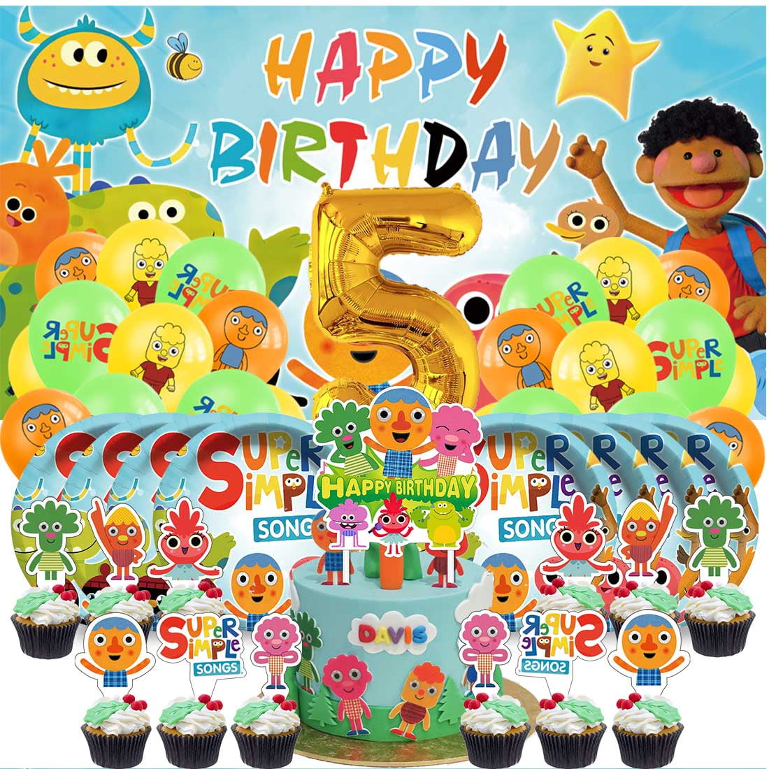 Super Simple Songs Balloons Party Supplies 5th Decor Tableware Birthday Cake Topper Decorations ...