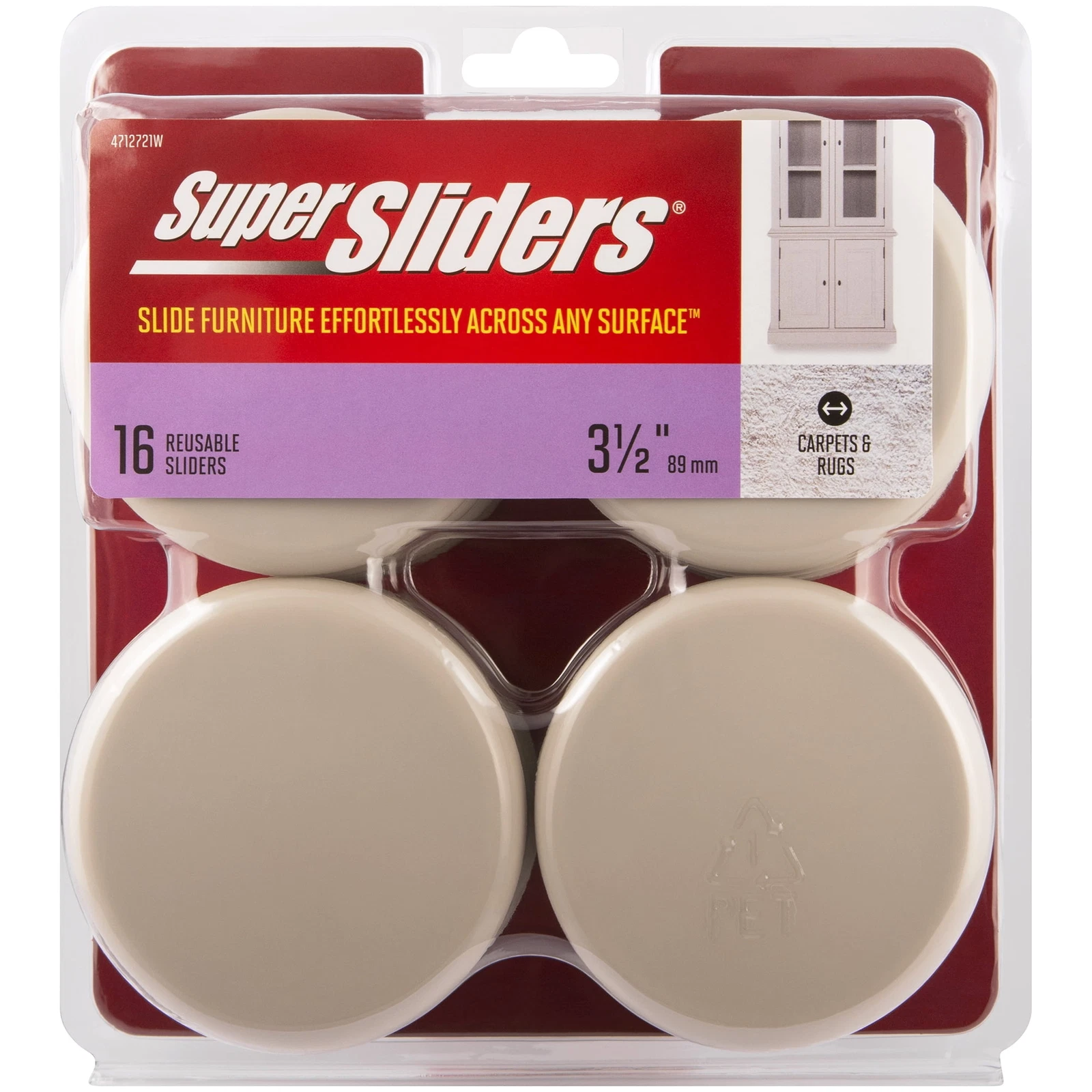Super Sliders. Size 3-1/2" Round Plastic Furniture Sliders Beige, 16 ...
