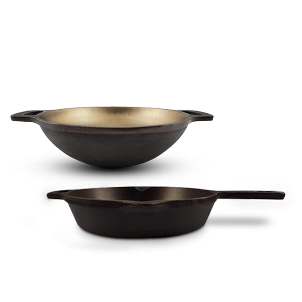Super Smooth Black Cast Iron Cookware Set | Fry Pan 24.8cm + Kadai 26 ...