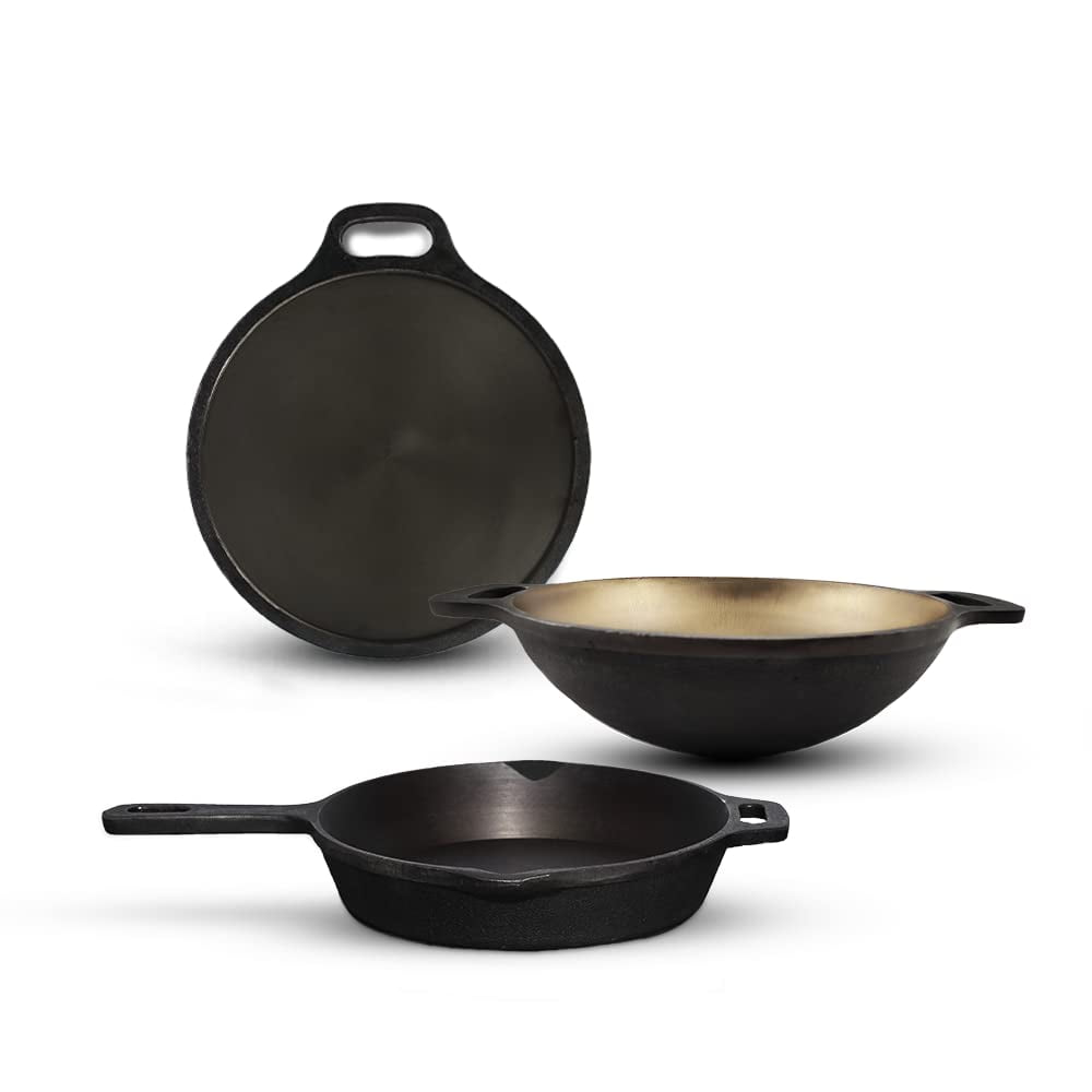 Super Smooth Black Cast Iron Cookware Set | Tawa 30.5 Cm + Kadai 25.4 ...