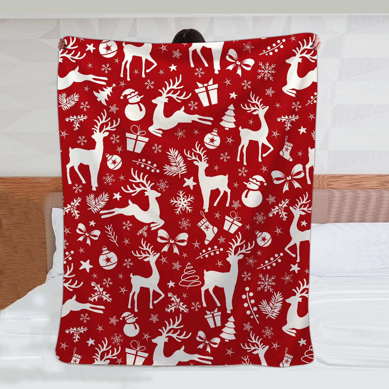 Super Soft Christmas Burgundy Reindeer Blanket-Holiday Home Decor Fuzzy ...