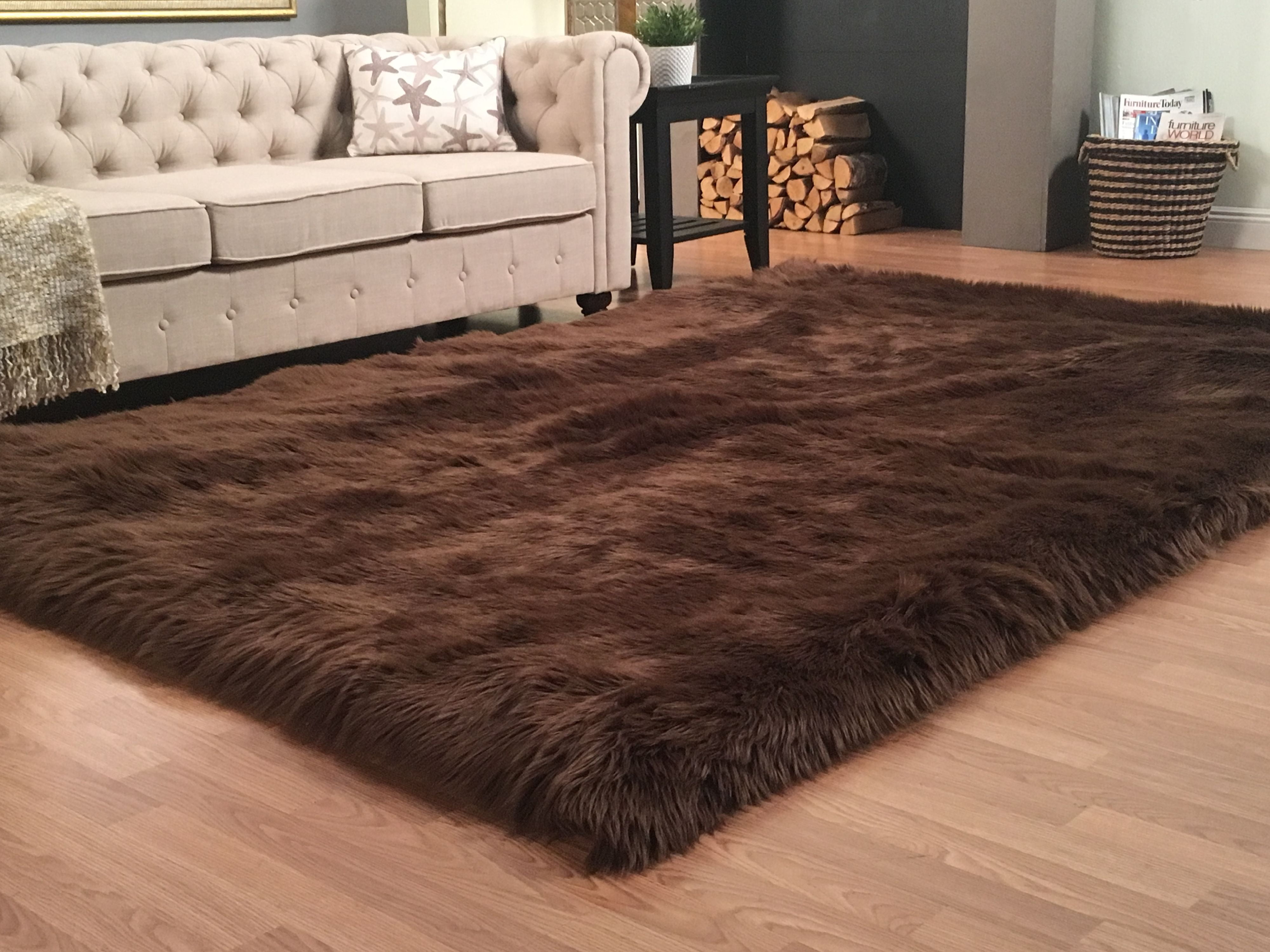 Super Soft Faux Sheepskin Silky Shag Rug Rectangular, Brown 5'x8 ...