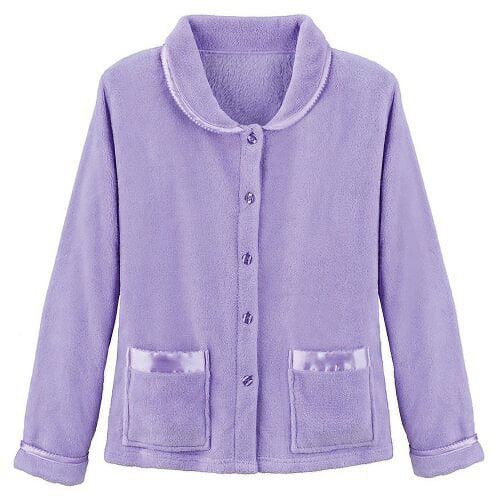Super Soft Fleece Button-Front Satin Trim Bed Jacket-Large-Lavender ...