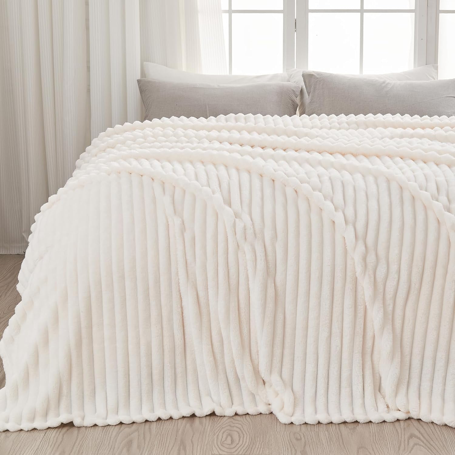 Super Soft Queen Blanket Ivory Premium Silky Flannel Fleece 3D Ribbed ...