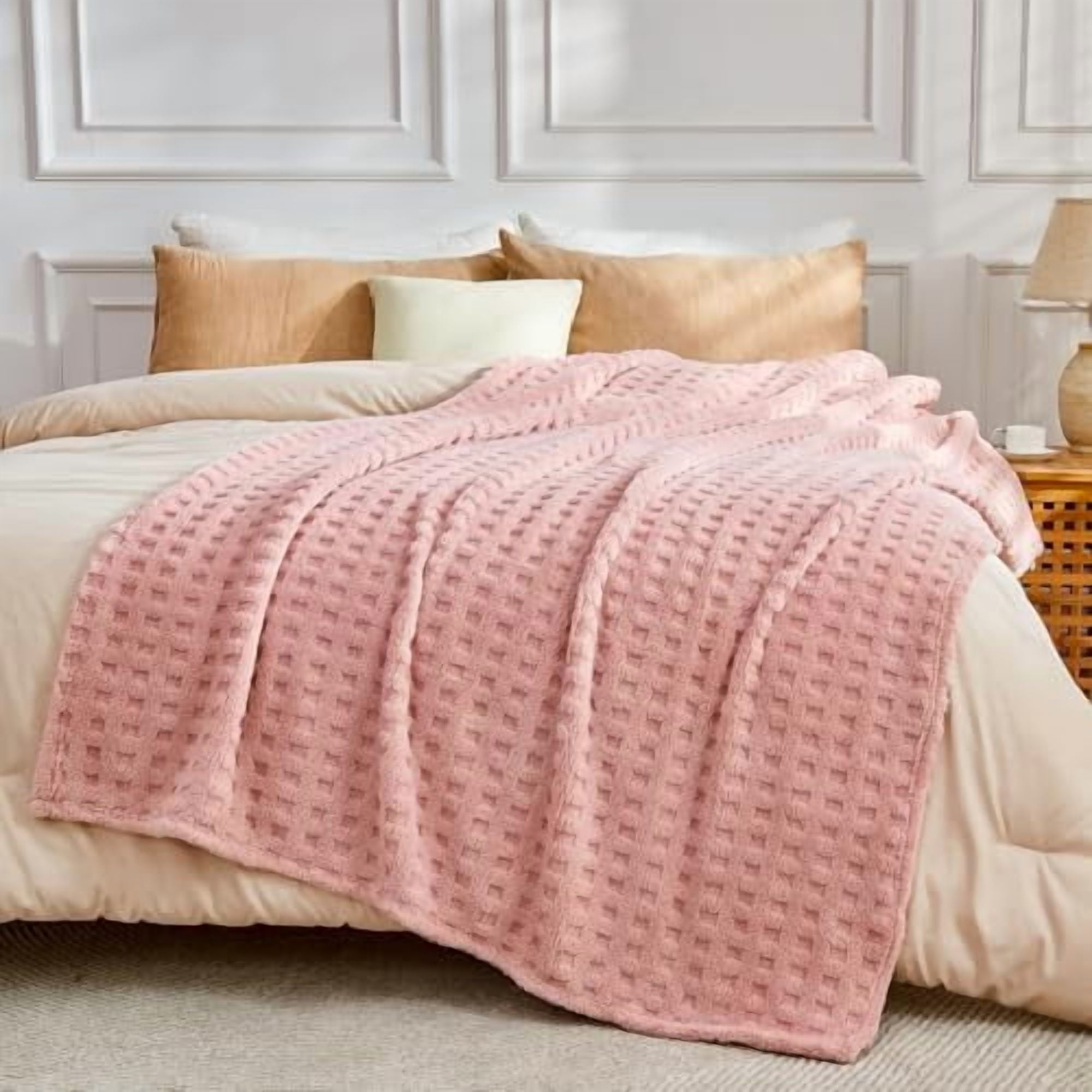 Super Soft Queen Blanket Pink Premium Silky Flannel Fleece 3D Waffle ...
