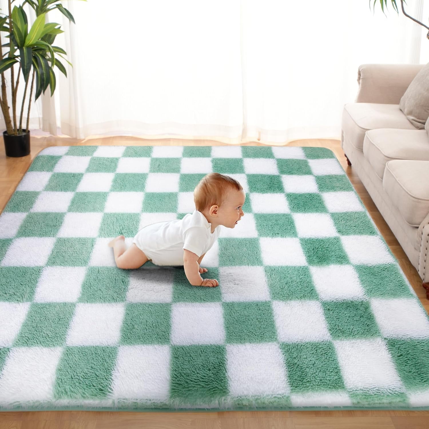 Super Soft Sage Green and White Area Rug, 5x7 ft Classic Checkered ...
