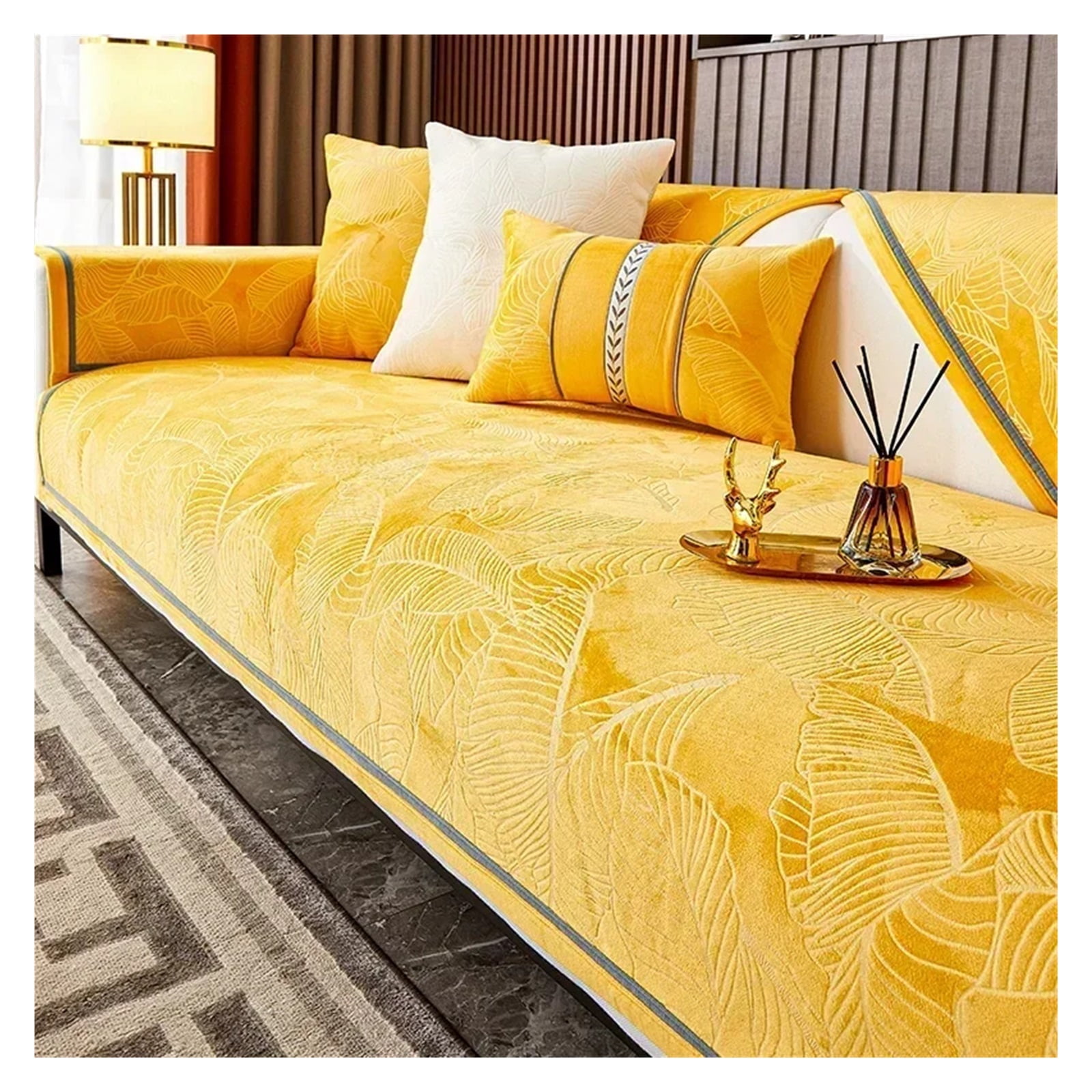 Super Soft Velvet Chaise Lounge Sofa Mat Cover Leaves Jacquard Sofa ...