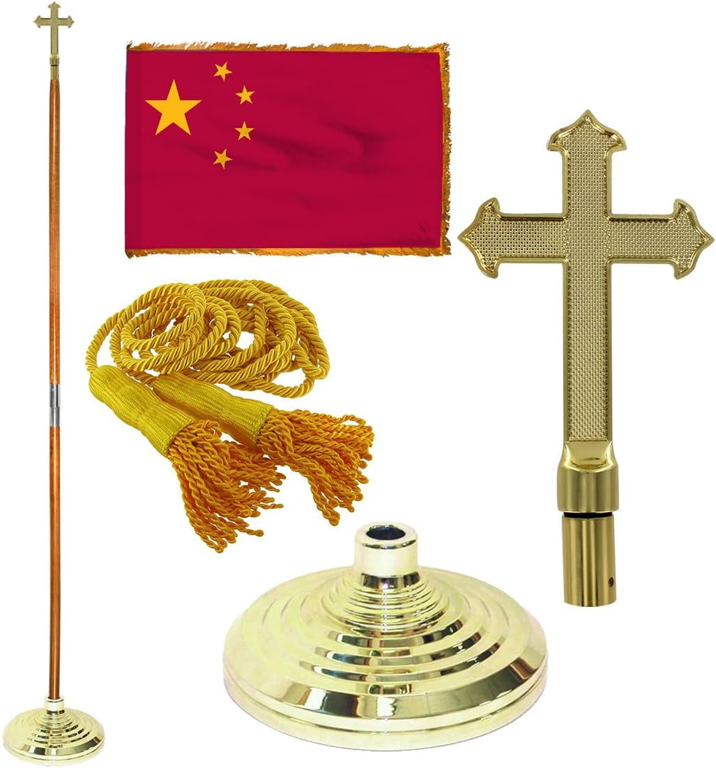 Super Tough China 3ft x 5ft Flag, Flagpole, Base, and Tassel (7 Ft Oak ...