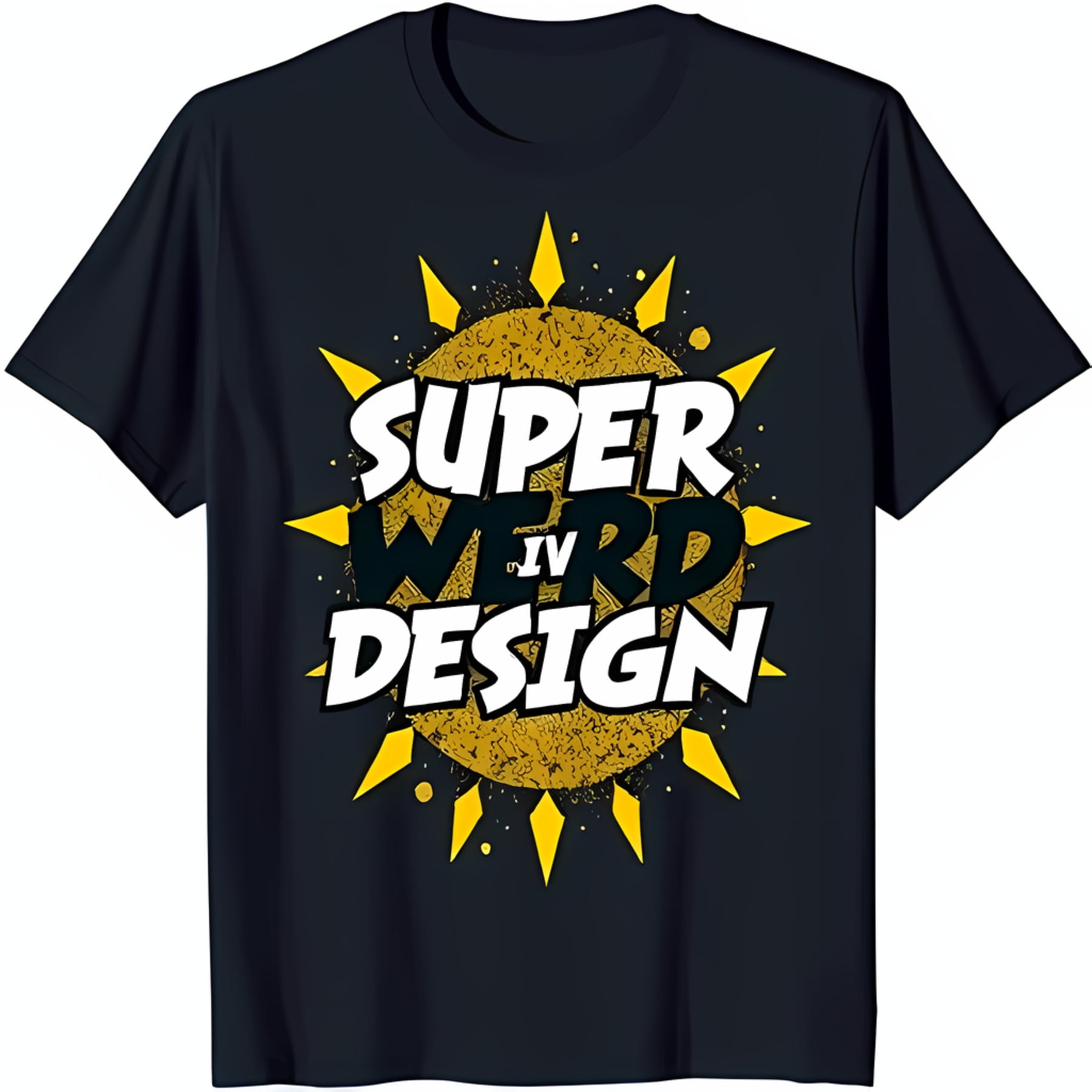 Super Weird Design Black T-Shirt with Bright Yellow Sun Graphic & Spiky ...