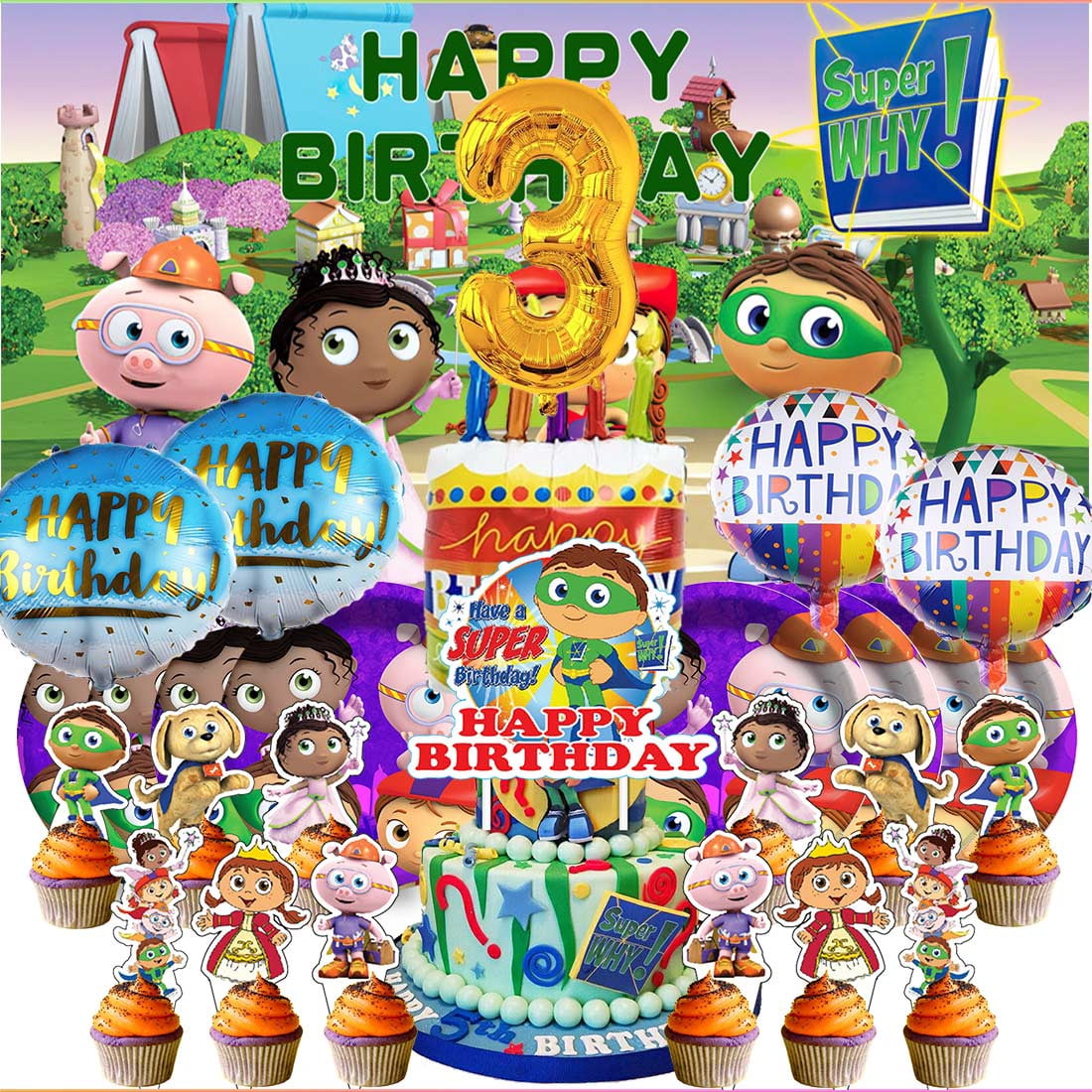 Super Why 3rd Tableware Balloons Cake Toppers Backdrop Banner Supplies ...